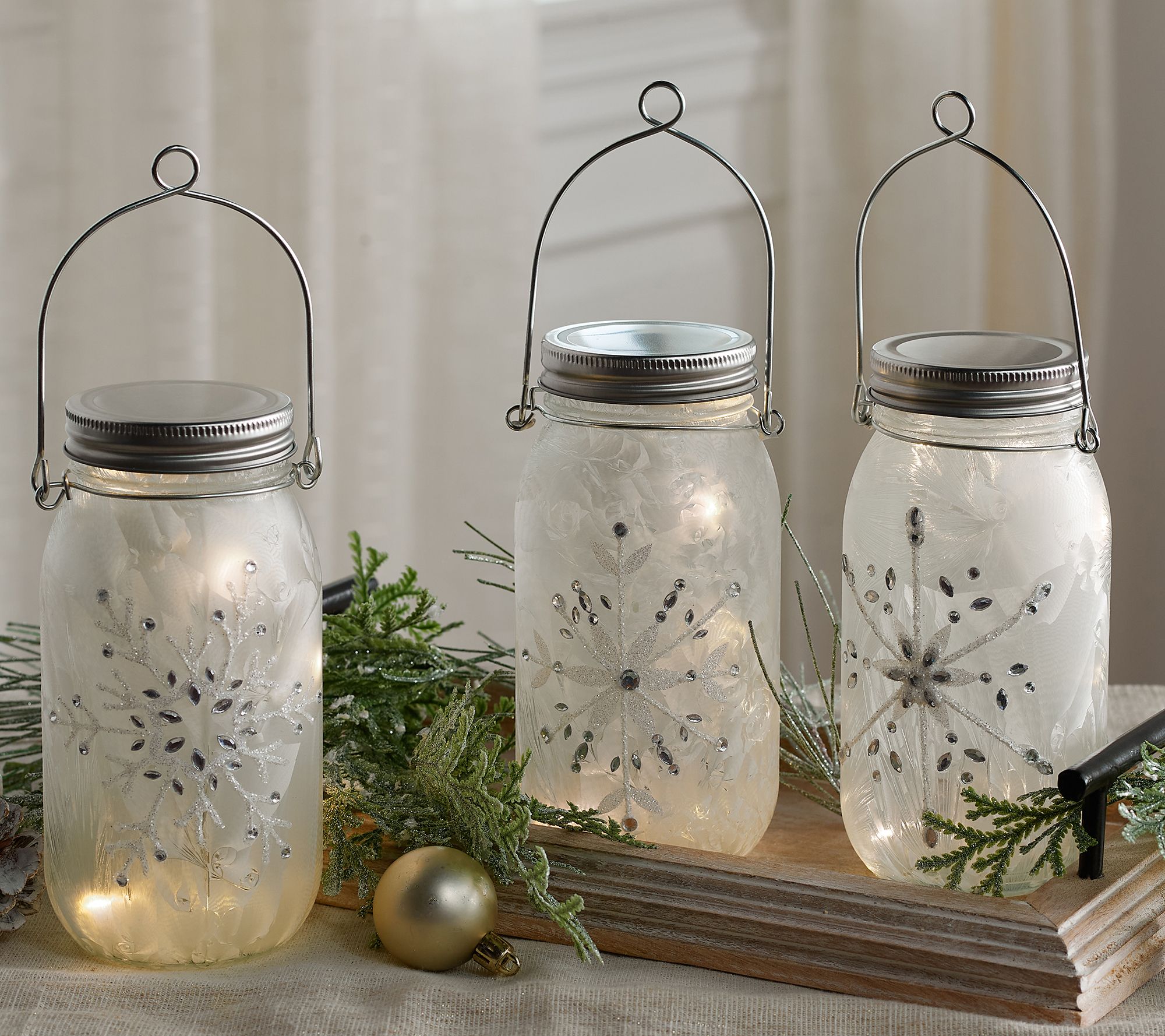 "As Is" Set of 3 Illuminated 6.5" Snowflake Mason Jars by Valerie - QVC.com