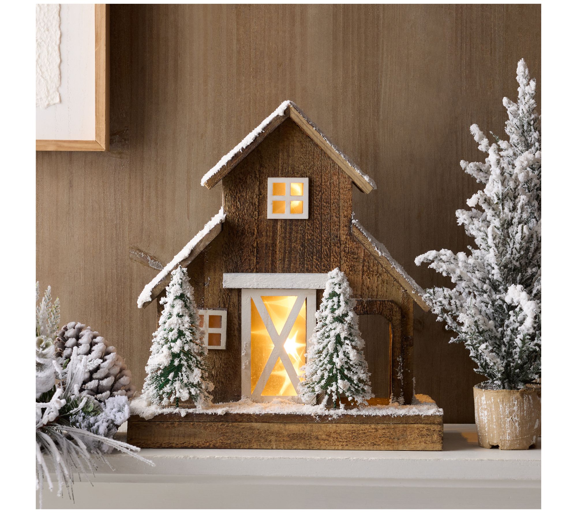 Melrose LED Natural Flocked Winter Barn Display12"H - QVC.com