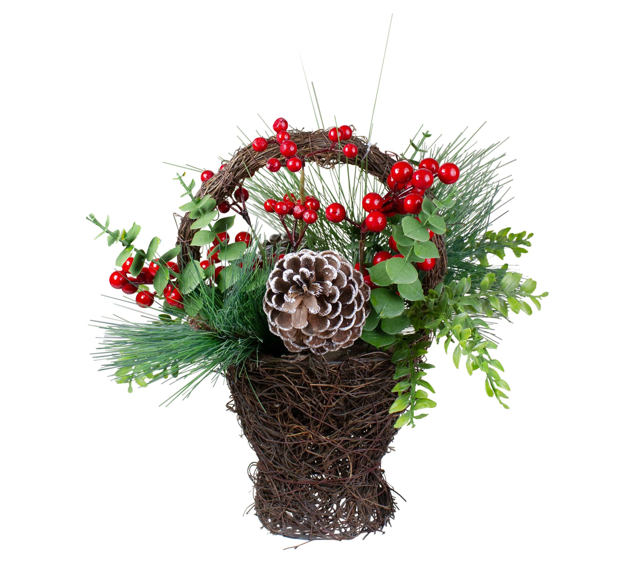 Northlight 15" Eucalyptus Pine and Berry Grapevine Basket - QVC.com