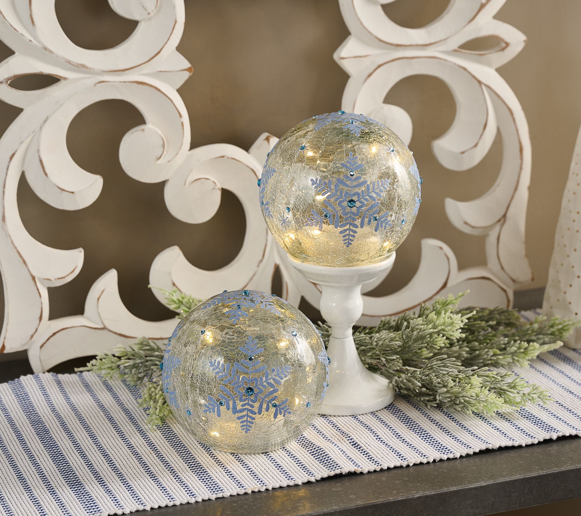 Set of 2 6" Lit Crackle Glass Spheres with Snowflake by Valerie - QVC.com