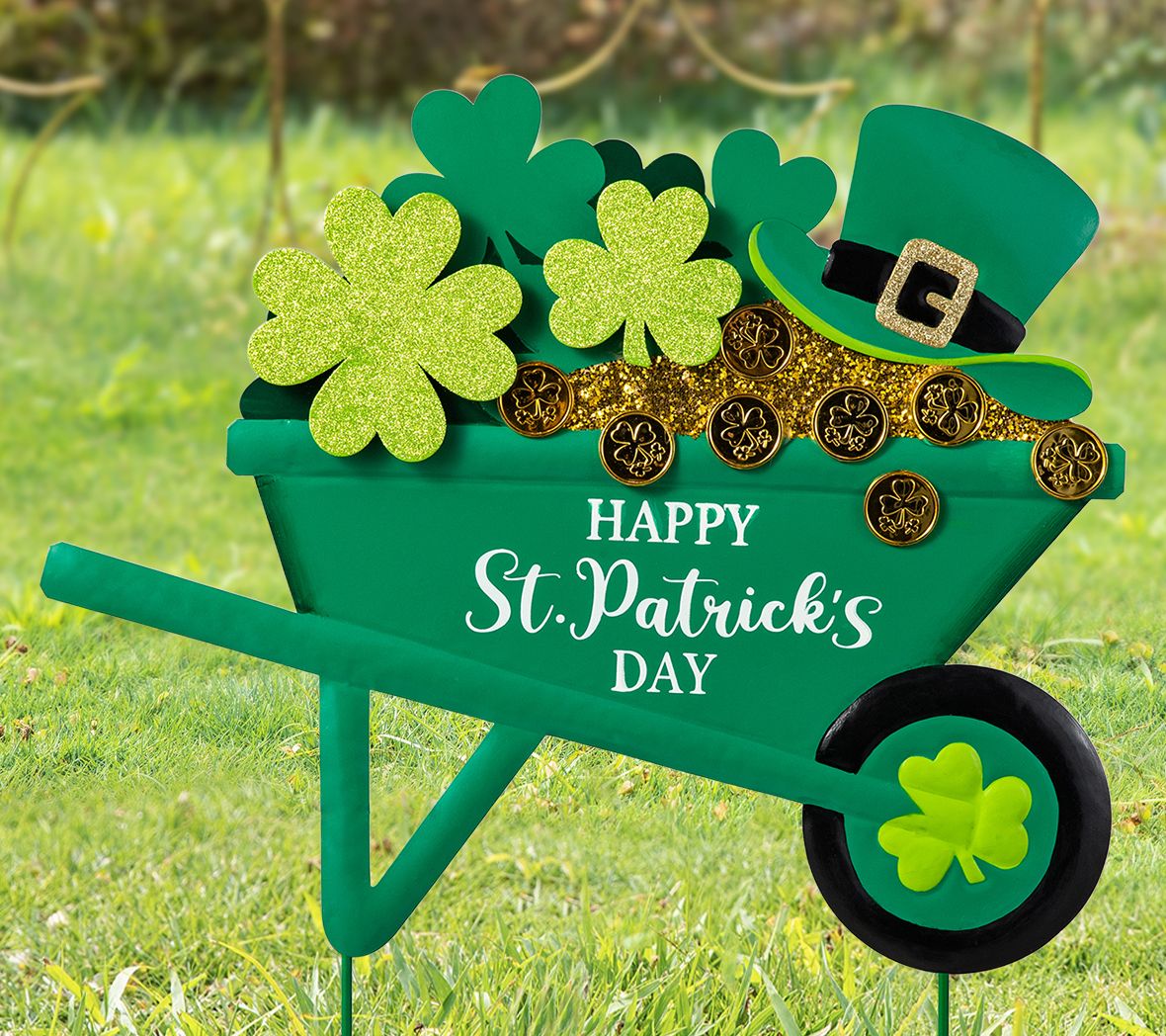 Glitzhome 24"H St.Patrick's Shamrocks Wagon Garden Stake - QVC.com