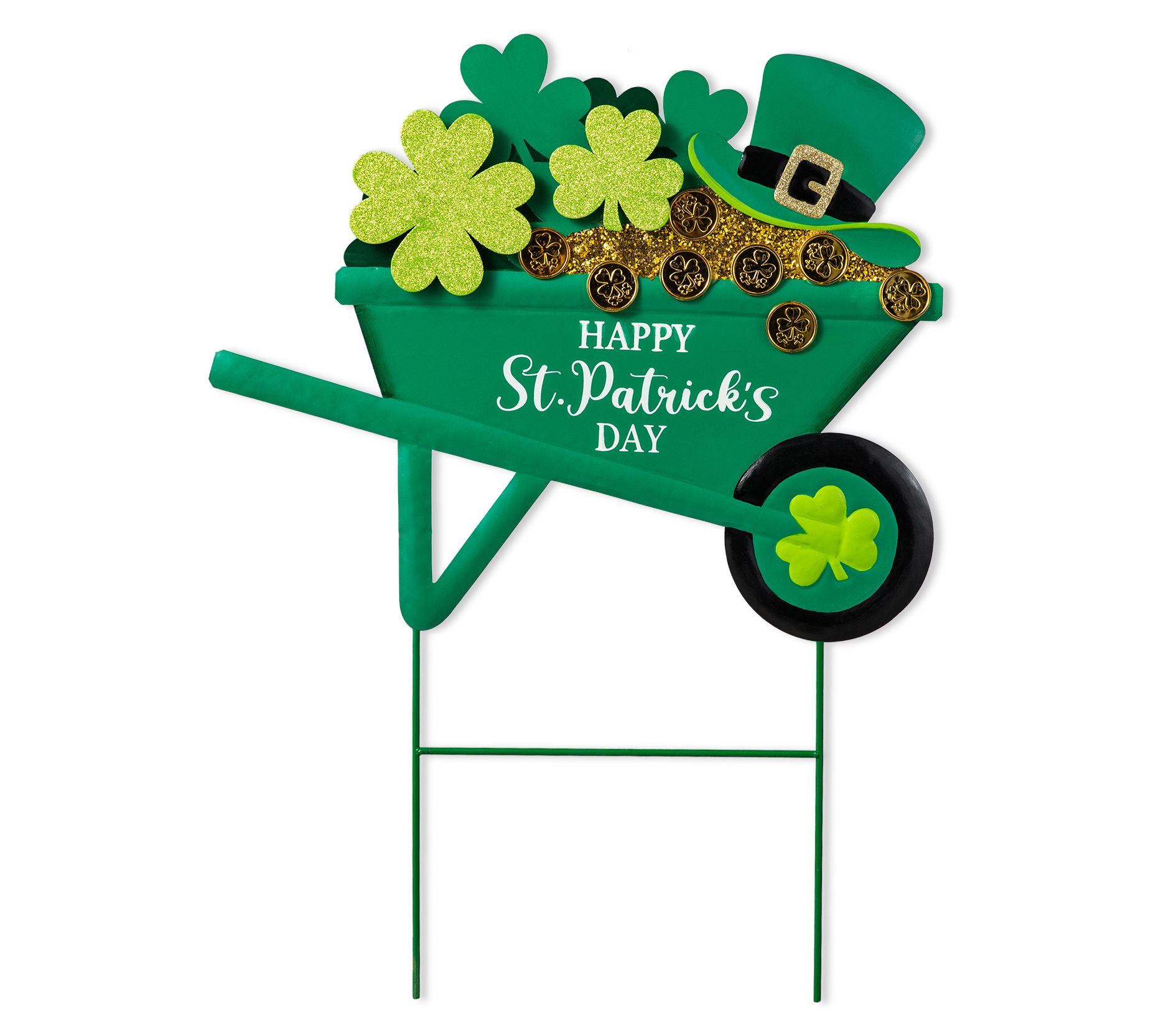 Glitzhome 24"H St.Patrick's Shamrocks Wagon Garden Stake - QVC.com