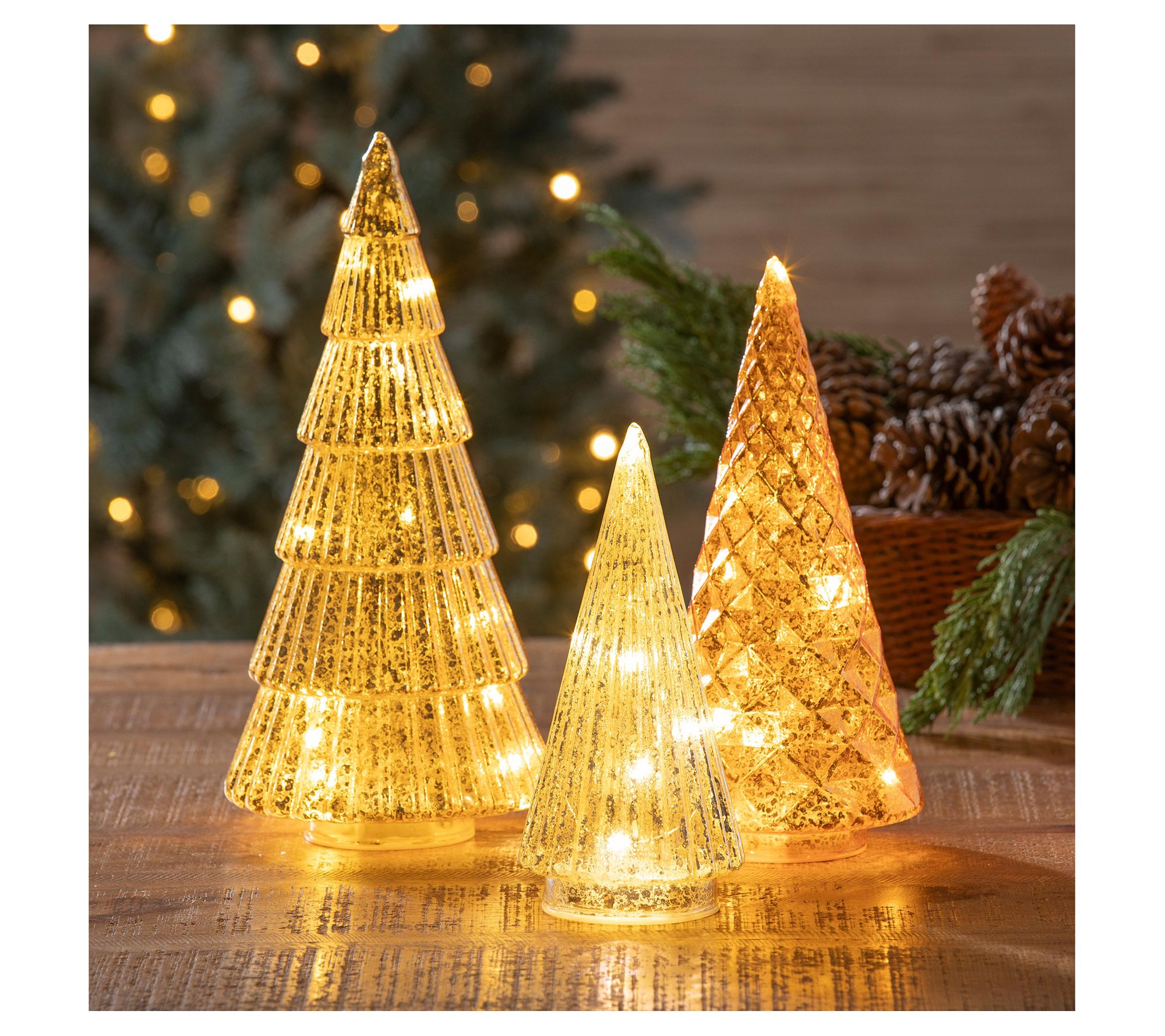 Evergreen Set of 3 LED Metallic Glass Tree Table Decor - QVC.com
