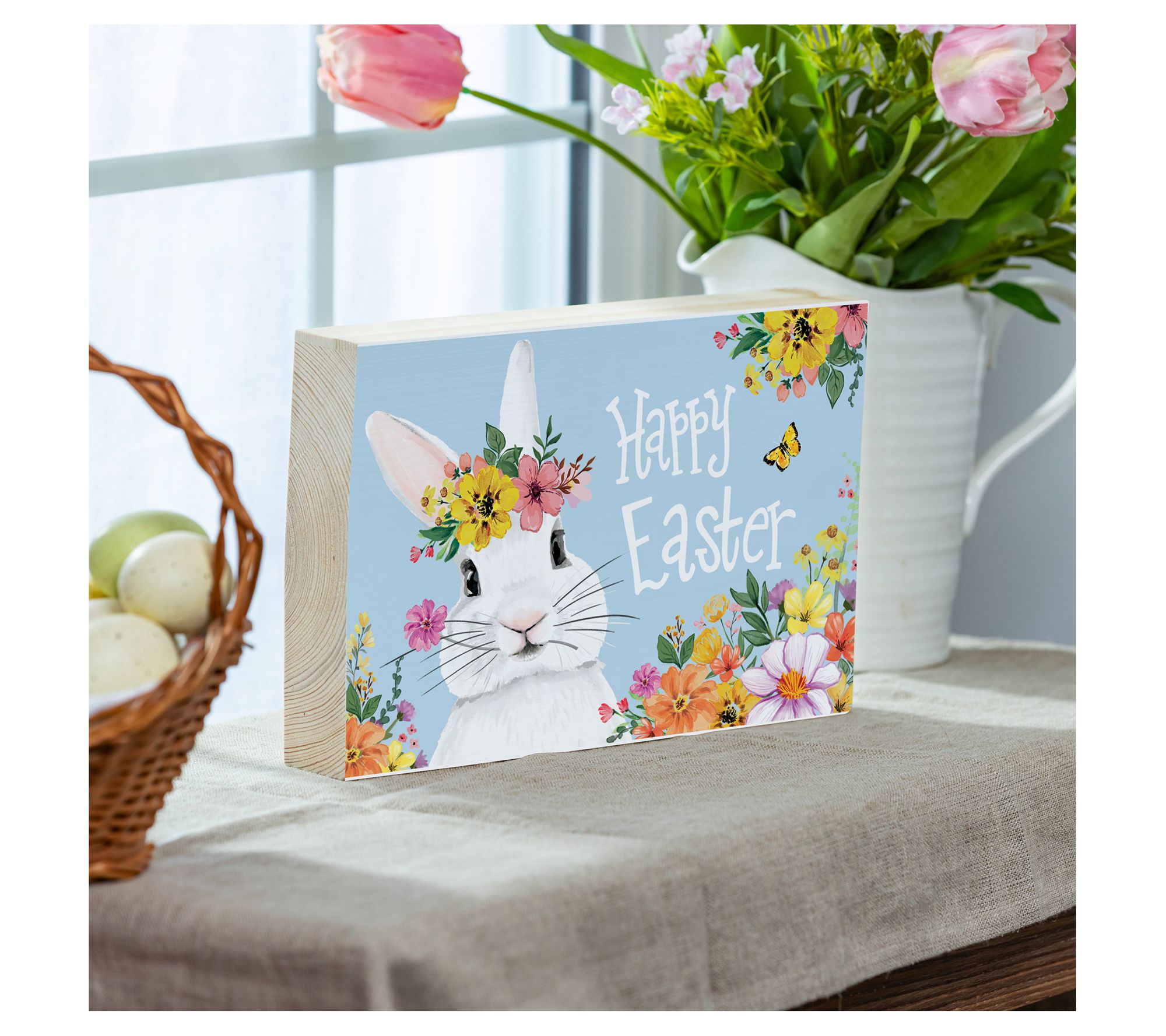 Evergreen 12"x8" Happy Easter Bunny Wood TableSign - QVC.com