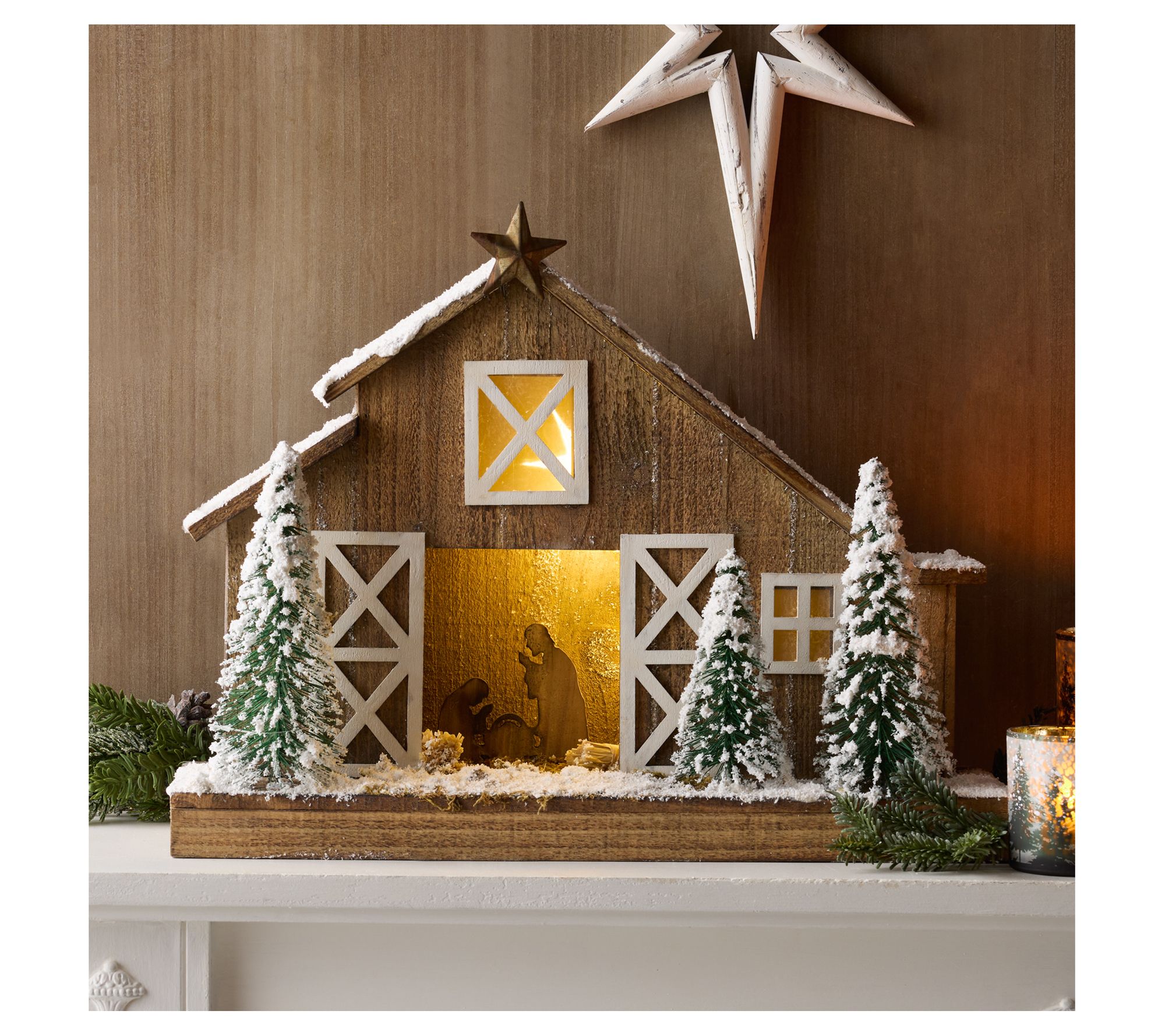 Melrose LED Natural Flocked Nativity Stable Display 19.5"L - QVC.com