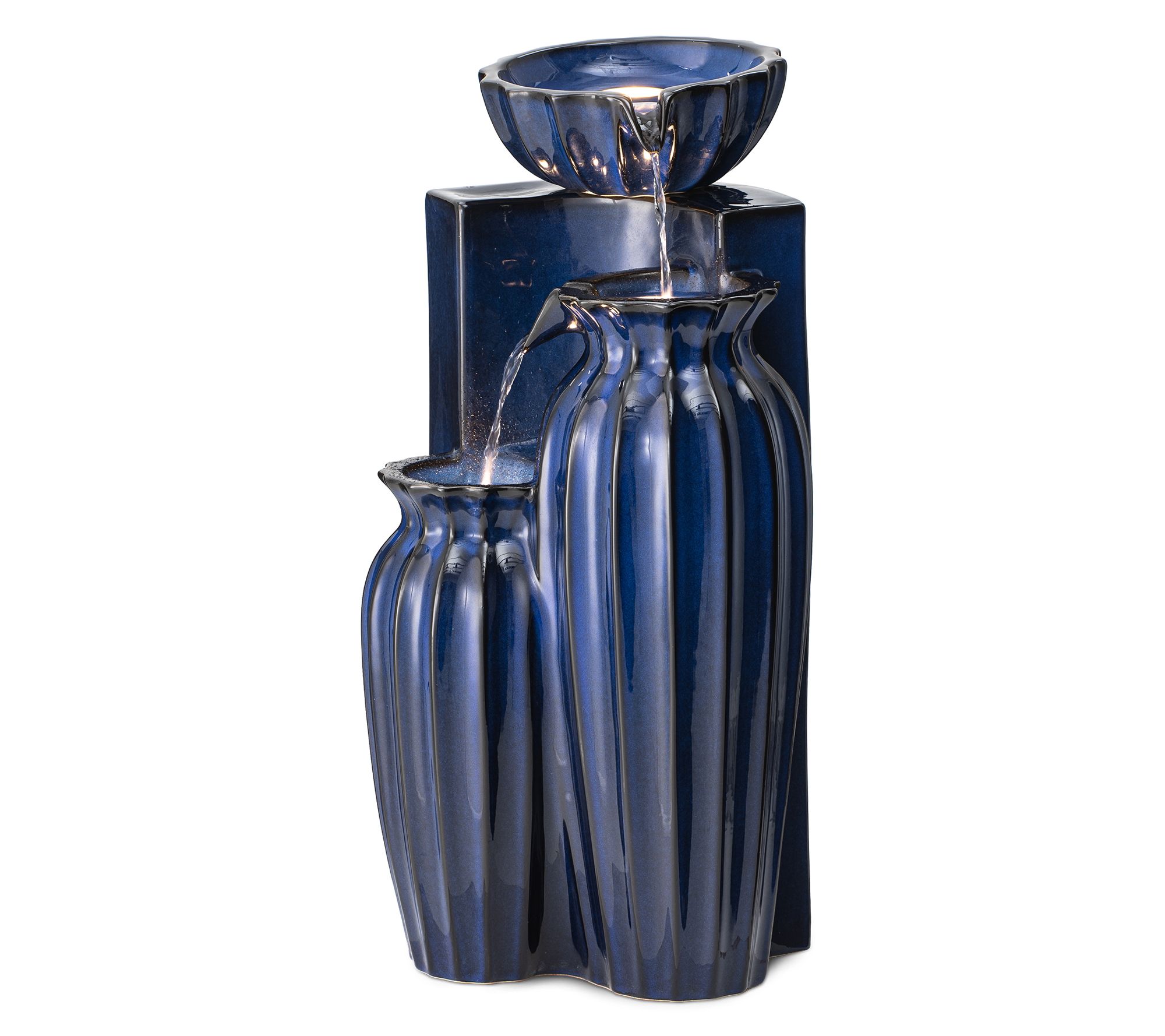 Glitzhome 3-Tiered Fluted LED Lighted Ceramic Outdoor Fountain - QVC.com