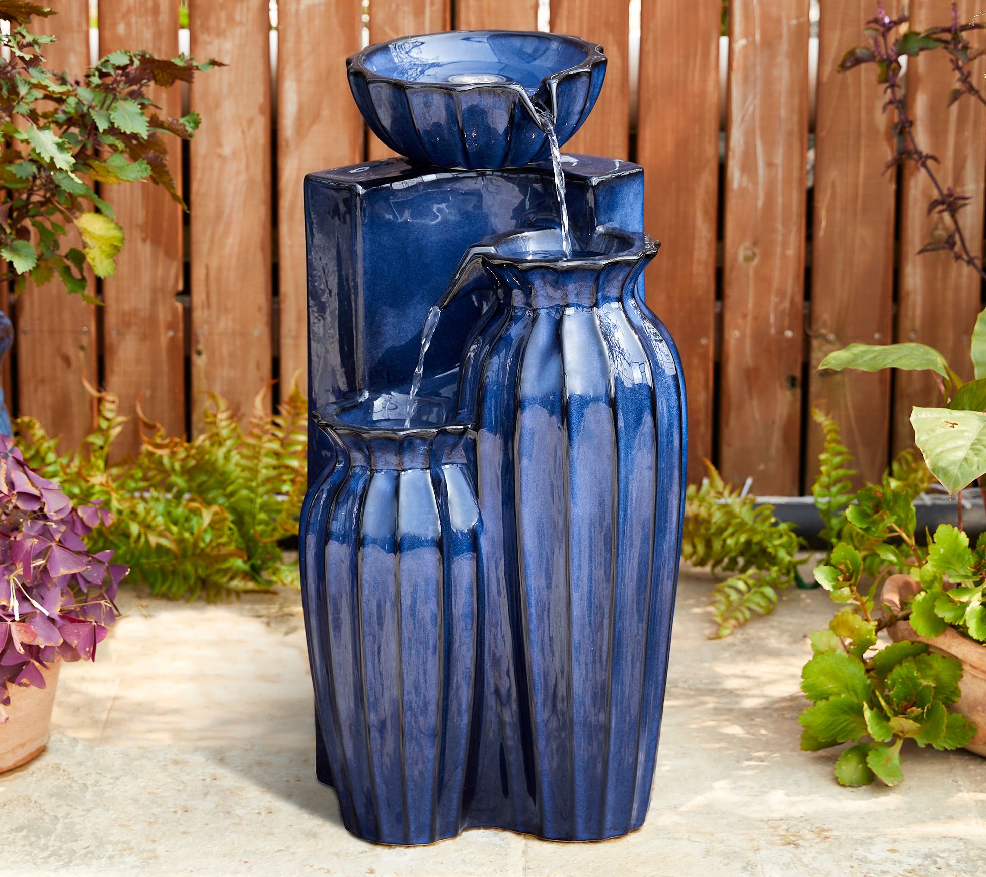 Glitzhome 3-Tiered Fluted LED Lighted Ceramic Outdoor Fountain - QVC.com