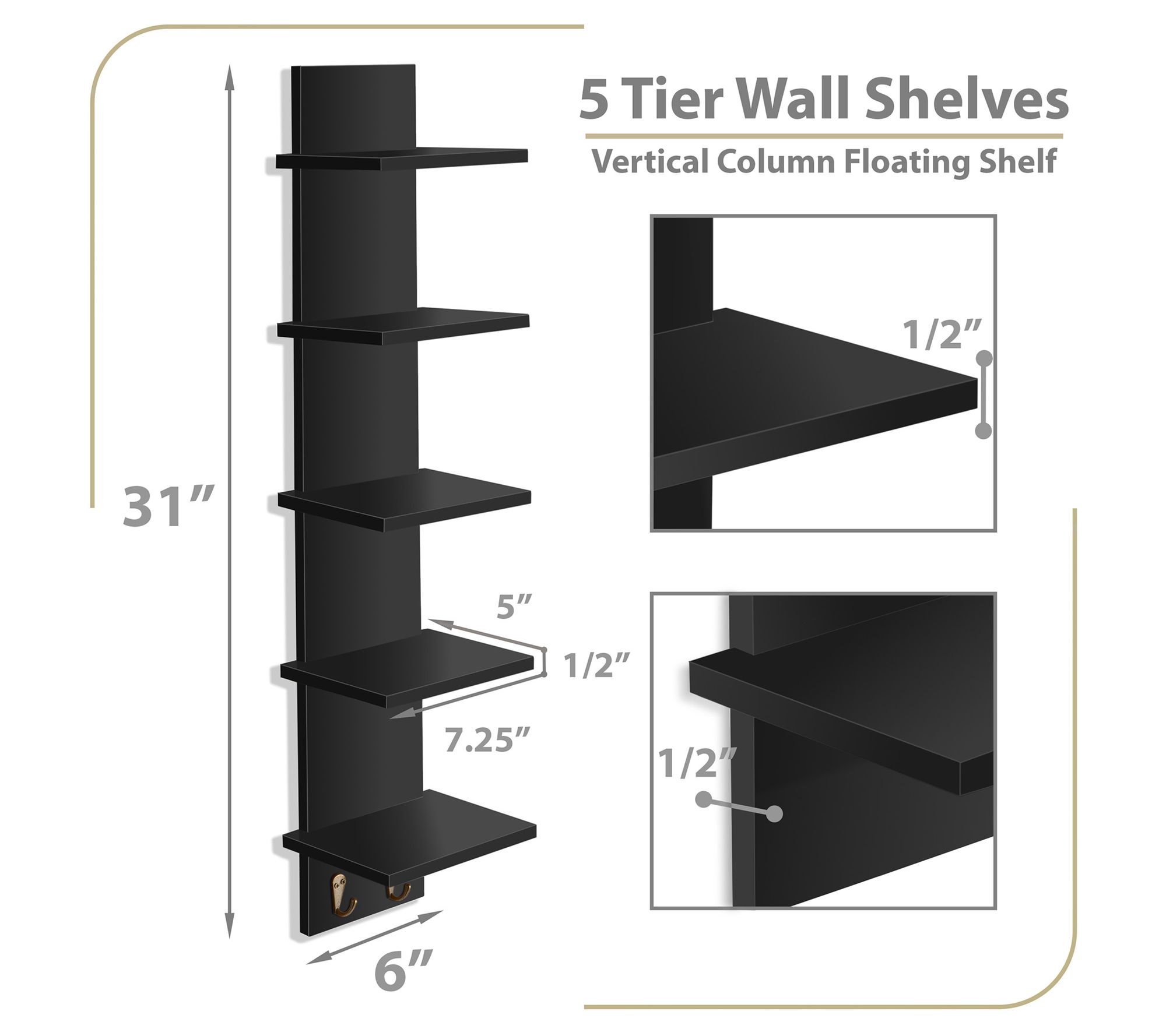 Sorbus 5-Tier Wall Shelf Unit with Hooks Utility Shelving - QVC.com