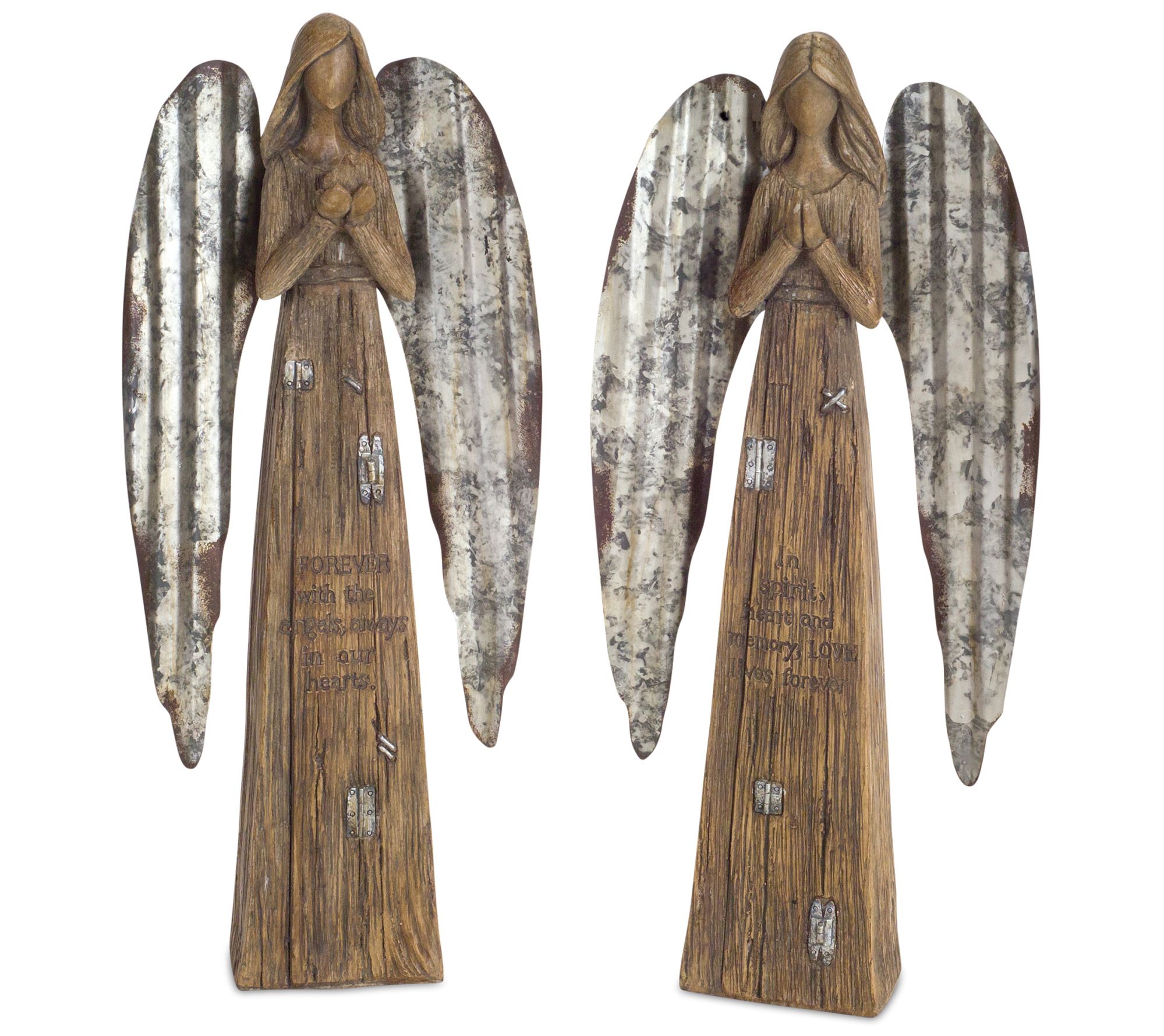 Melrose Rustic Wood Design Angels with Metal Wings Set of 2 - QVC.com