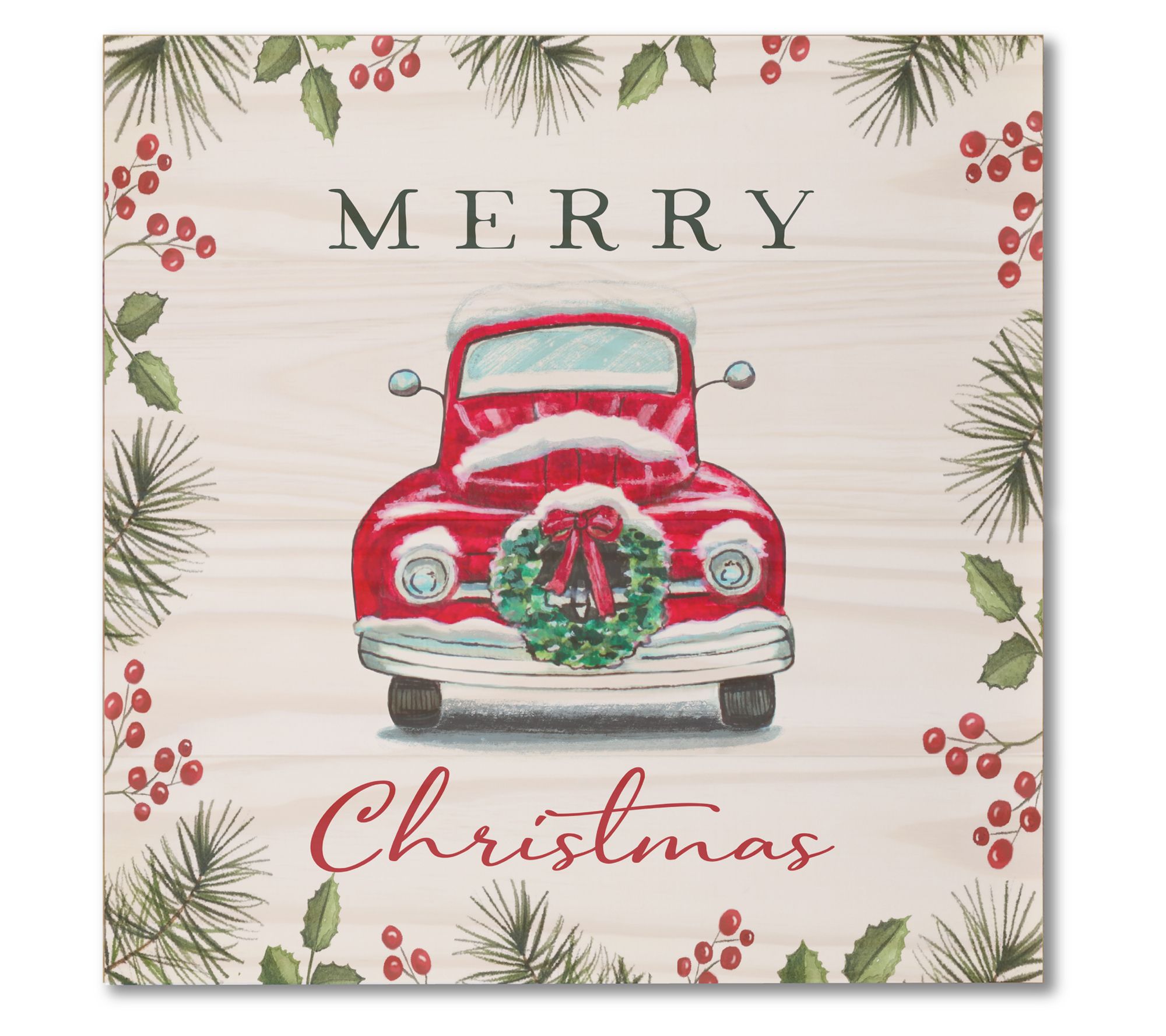 Courtside Market Merry Christmas Red Car 14x14 Wood Sign - QVC.com