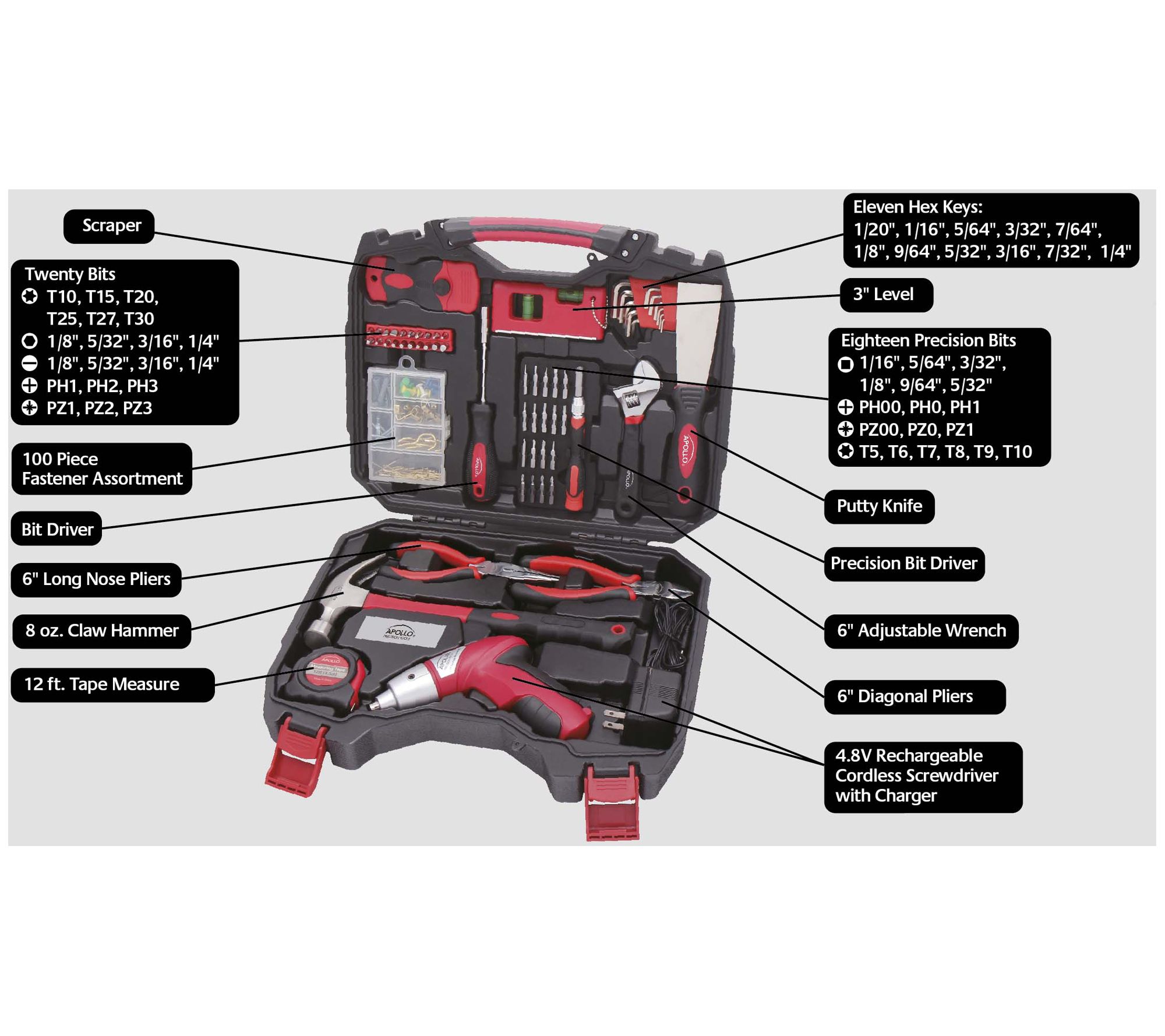 Apollo Tools 160-Piece Tool Kit with 4.8V Cordless Screwdrive - QVC.com