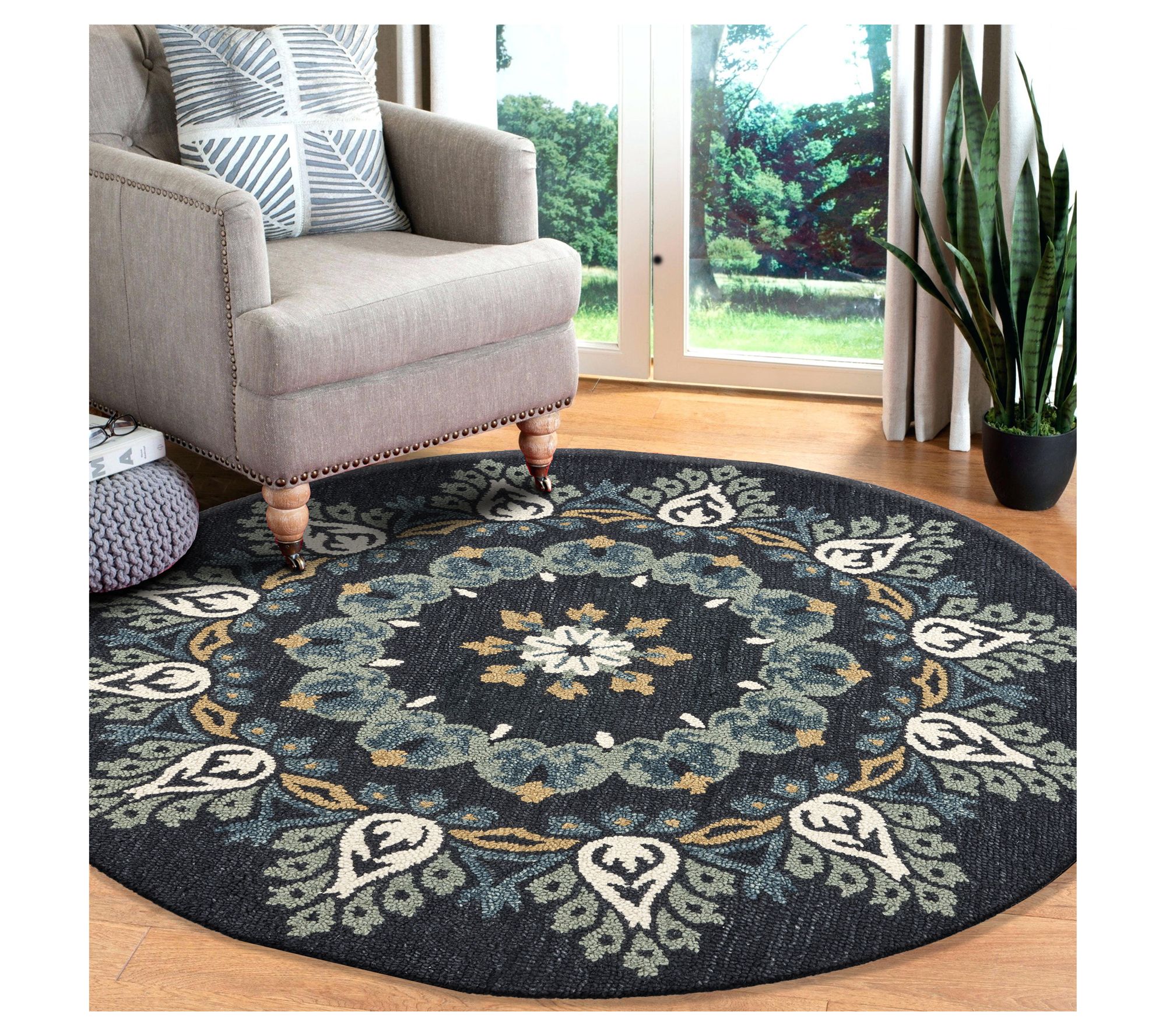 Ox Bay Charcoal/Teal Floral Medallion Wool Indoor 6' Round Rug - QVC.com
