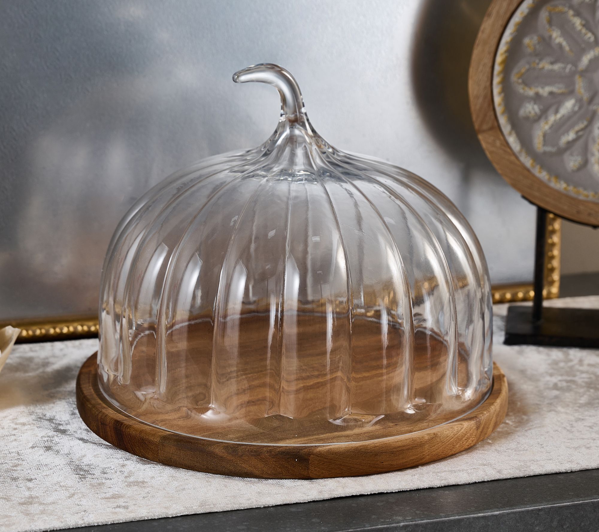 12" Pumpkin Glass Cloche with Wood Pedestal by Valerie - QVC.com