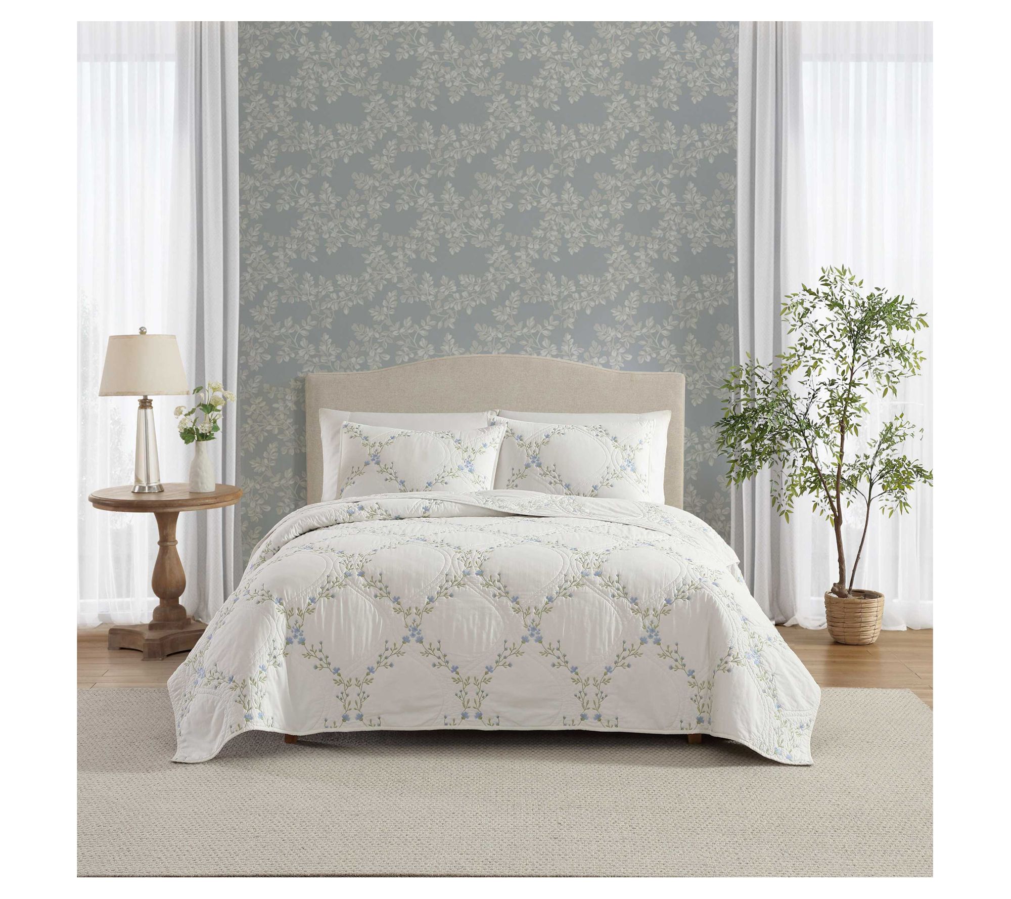 Laura Ashley Floral Embroidery Blue Full/QueenQuilt Sham Set - QVC.com