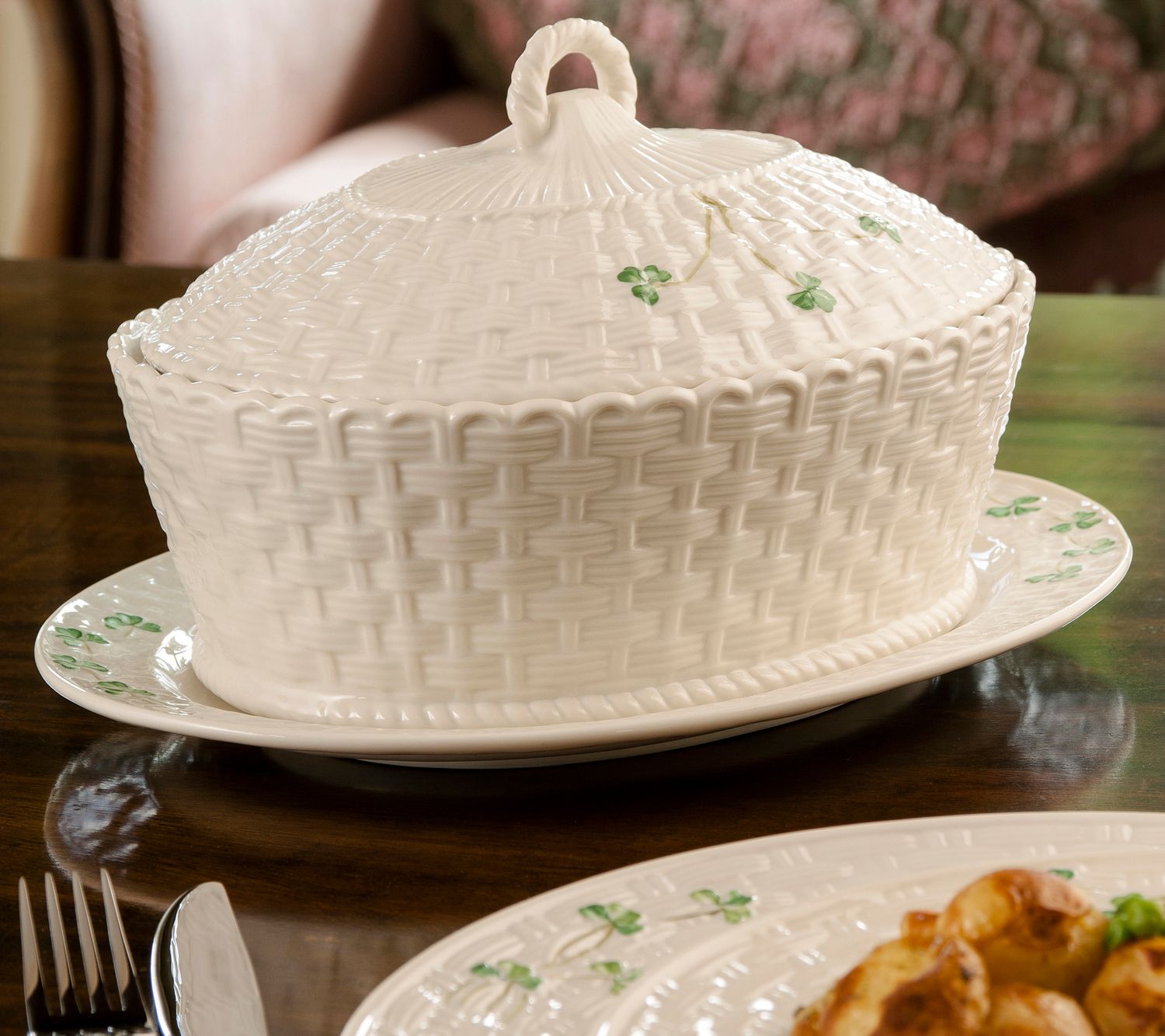 Belleek Classic Shamrock Oval Covered Dish - QVC.com