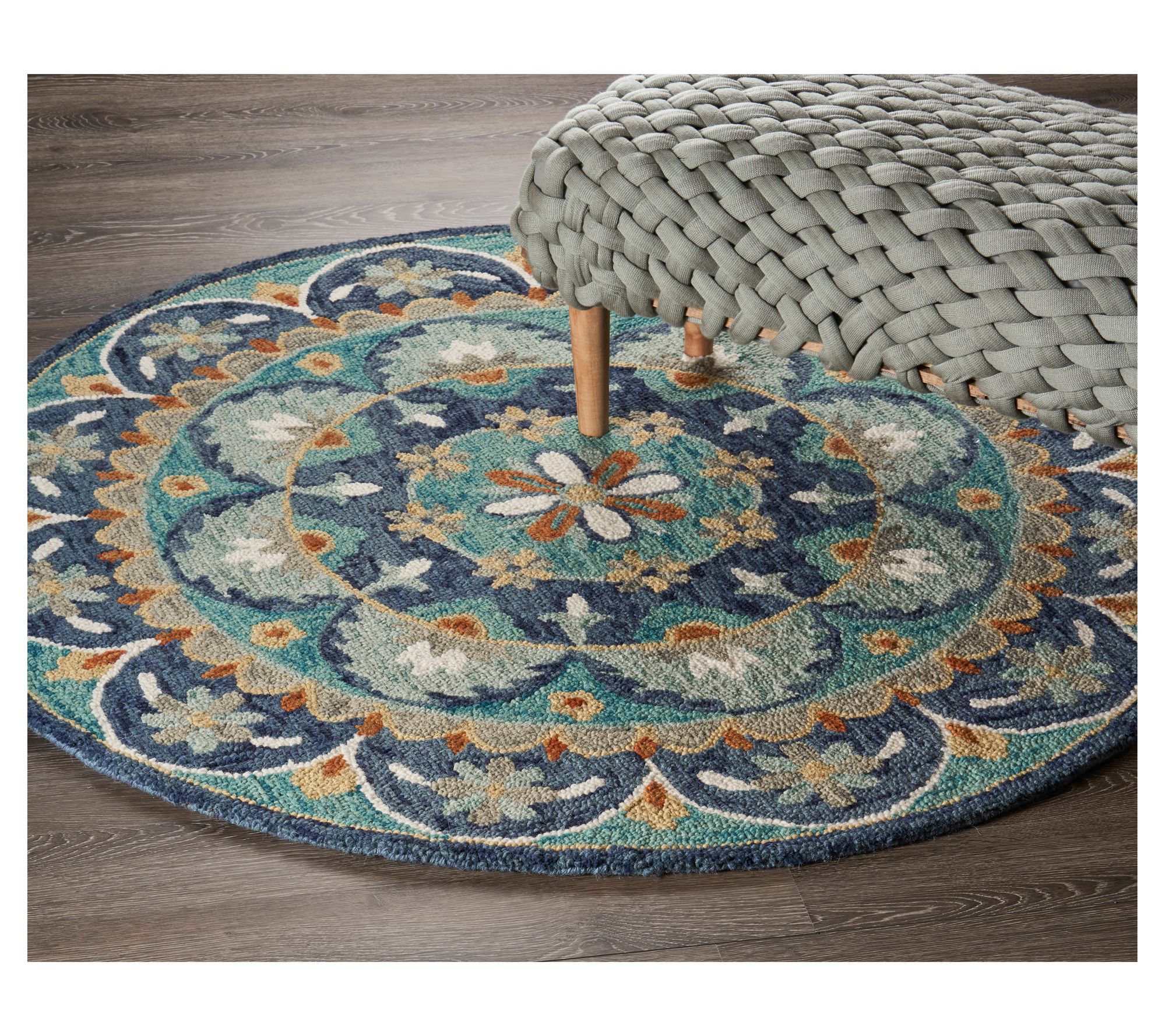 Ox Bay Teal/Blue Floral Medallion Wool Indoor 4' Round Rug - QVC.com