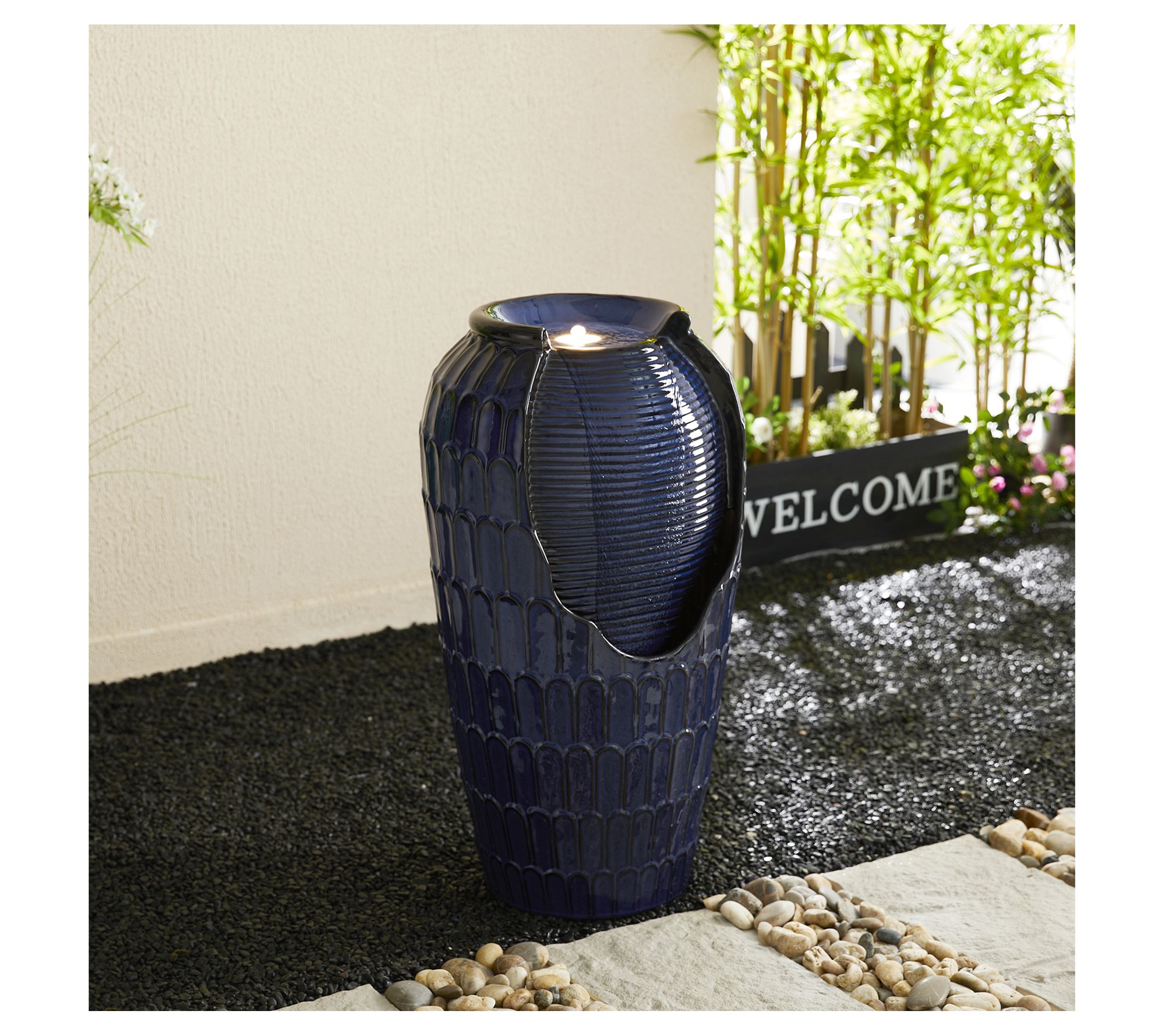 Glitzhome 28" LED Lighted Petals Ceramic Jar Outdoor Fountain - QVC.com