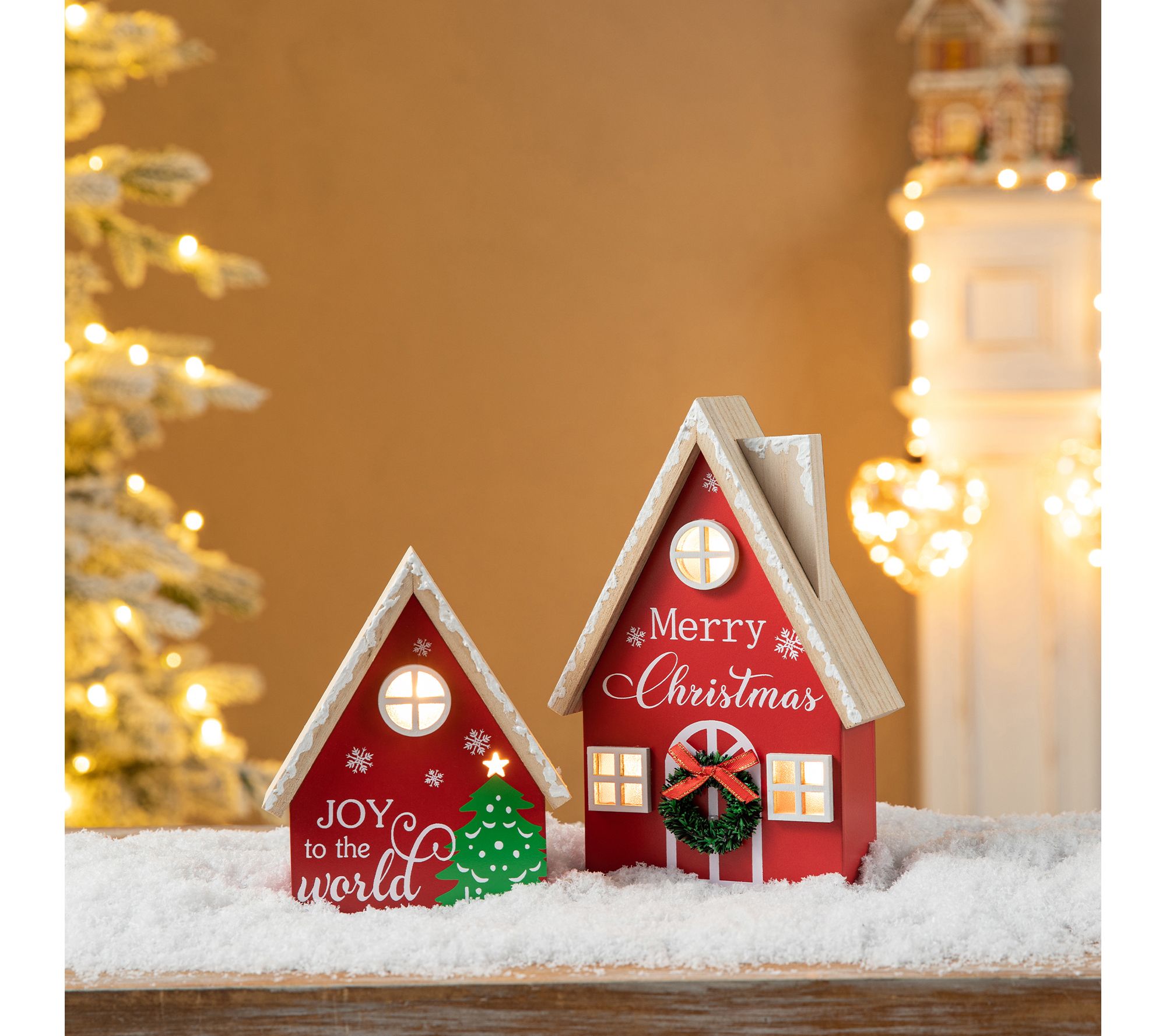 Glitzhome Christmas Lighted Wooden House Tabledecor S/2 - QVC.com