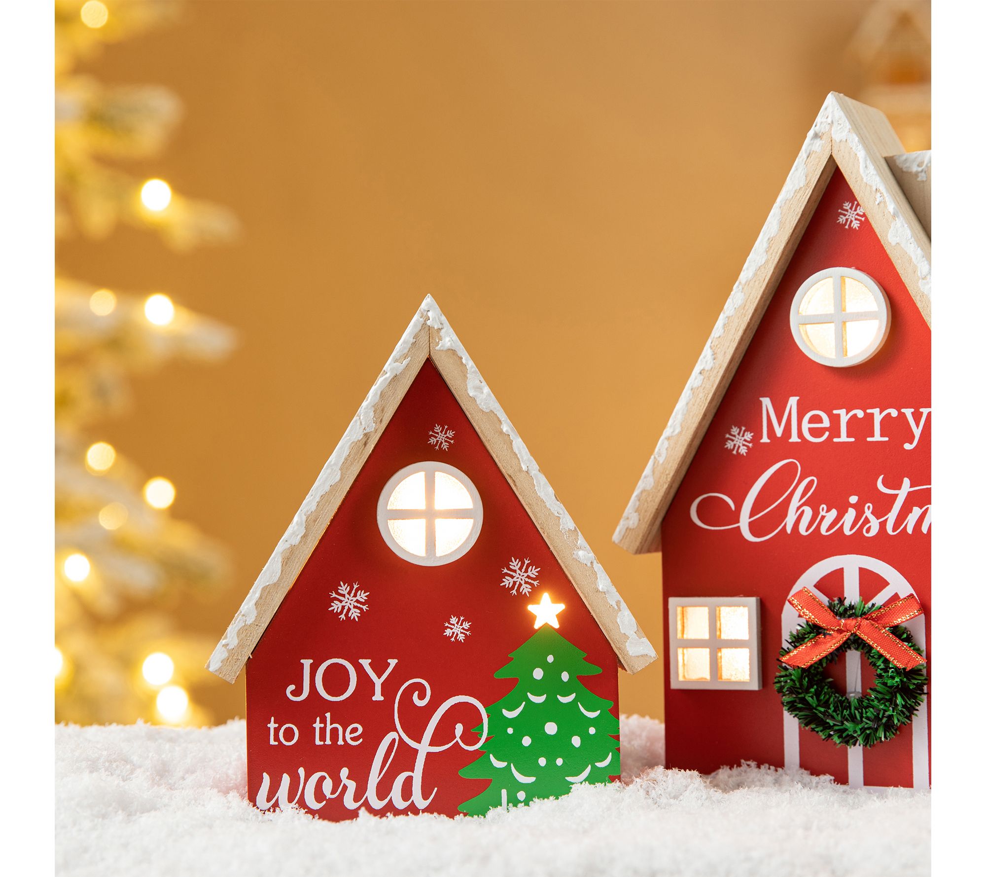 Glitzhome Christmas Lighted Wooden House Tabledecor S/2 - QVC.com