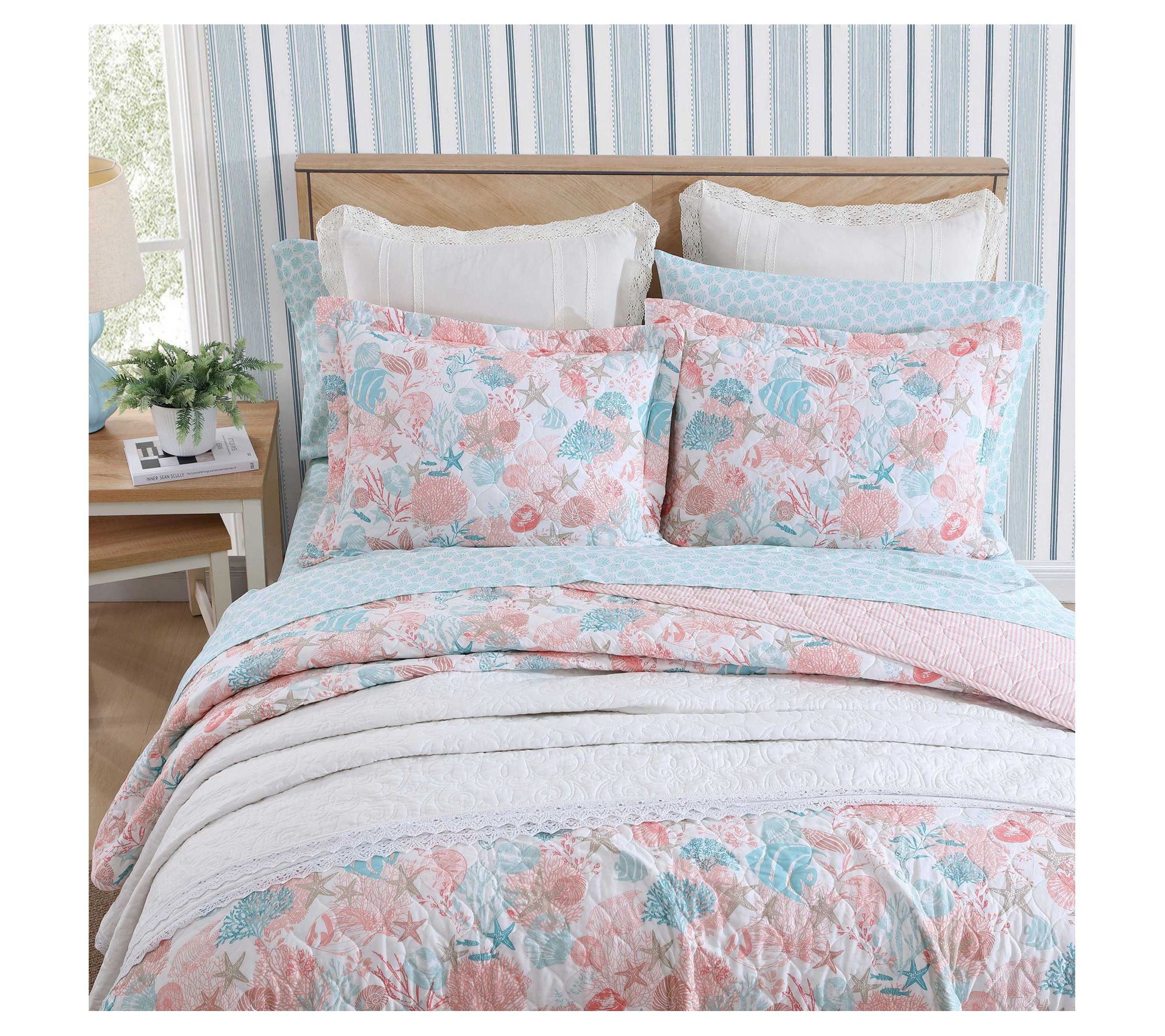 Laura Ashley Swimtime Pink Full/Queen Quilt Sham Set - QVC.com