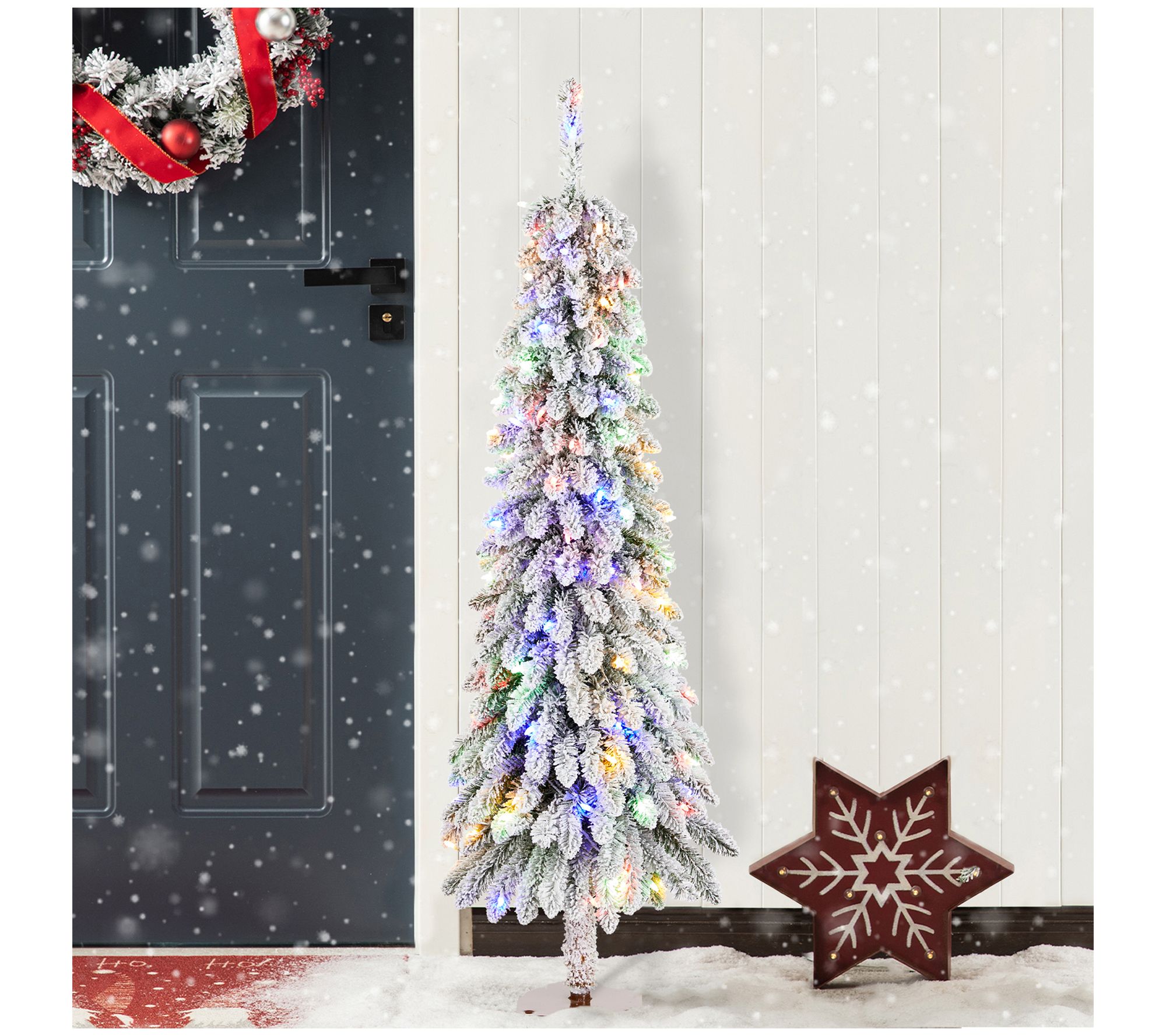 Glitzhome 4.5' LED Pre-Lit Flocked Faux Christmas Porch Tree - QVC.com