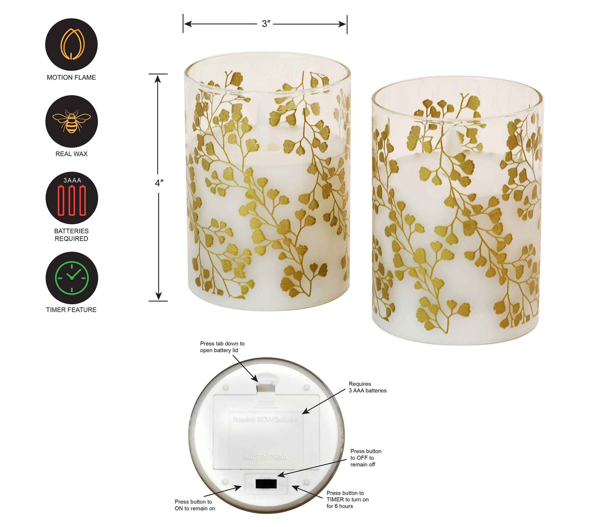 LumaBase LED Glass Candles with Moving Flame, Gold Fern - QVC.com