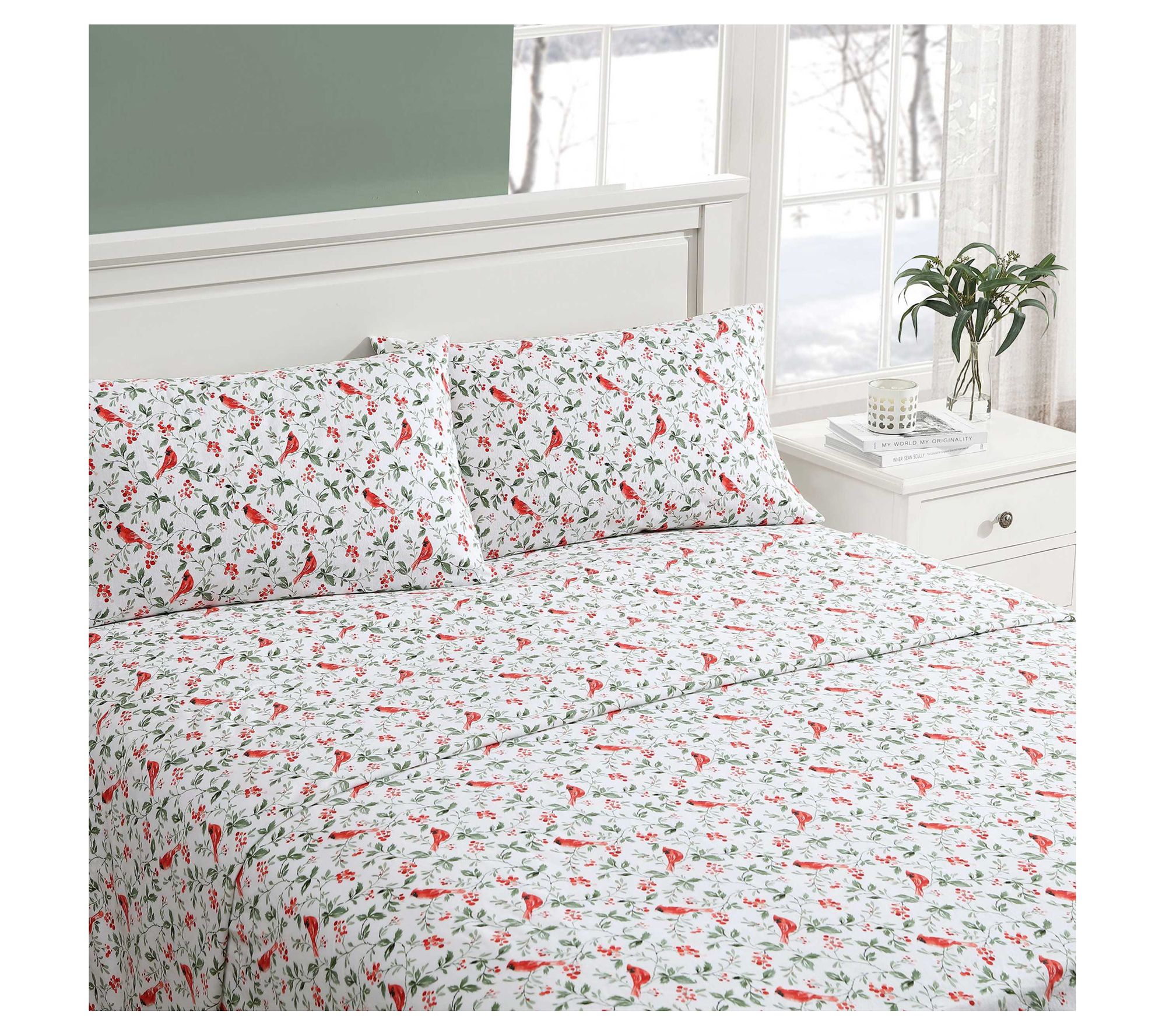 Laura Ashley Jolly Cardinals Queen Flannel Sheet Set - QVC.com