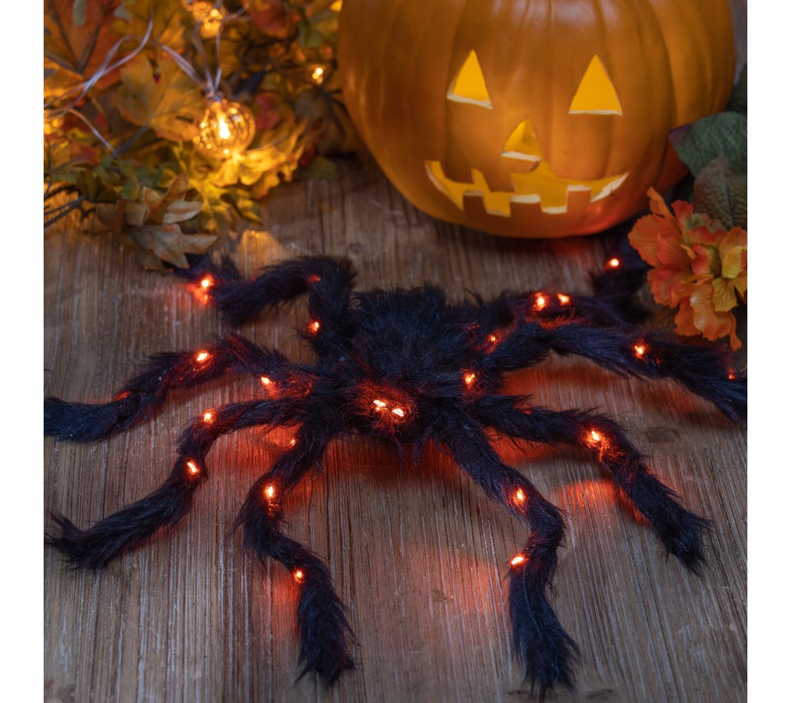 Two 19.68" Fuzzy Spider with Orange LED Lightsy Gerson - QVC.com