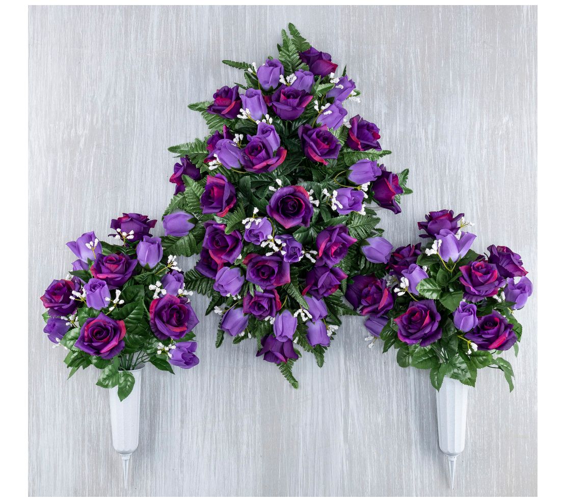 3 Piece Purple Roses and Buds Memorial Set by Teters-USR - QVC.com