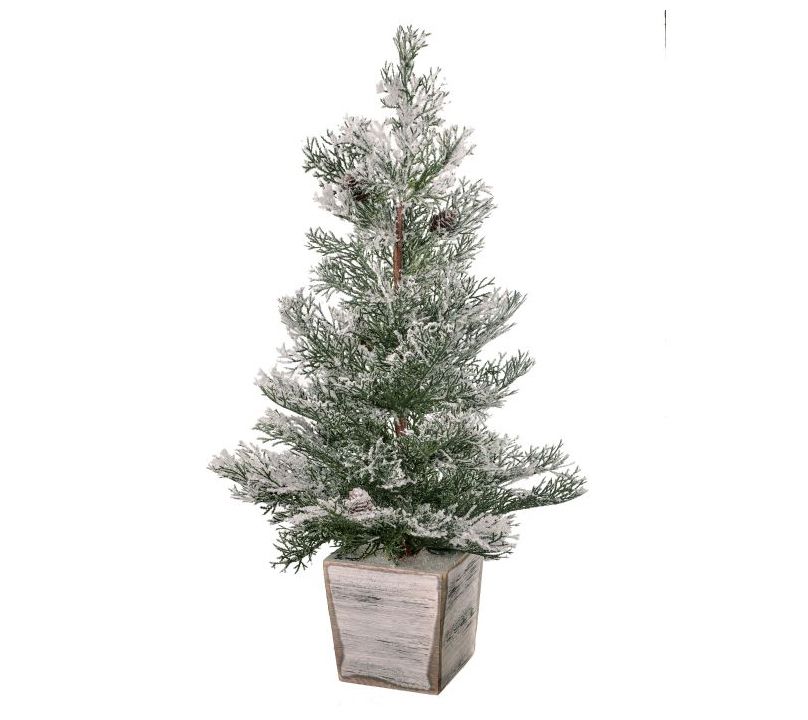 26" Frosted Cedar Tree In Wood Planter by Valerie - QVC.com