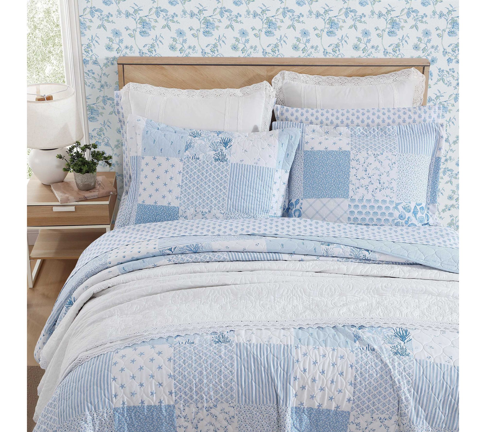 Laura Ashley Colleens Coastal Patchwork King Quilt Sham Set - QVC.com