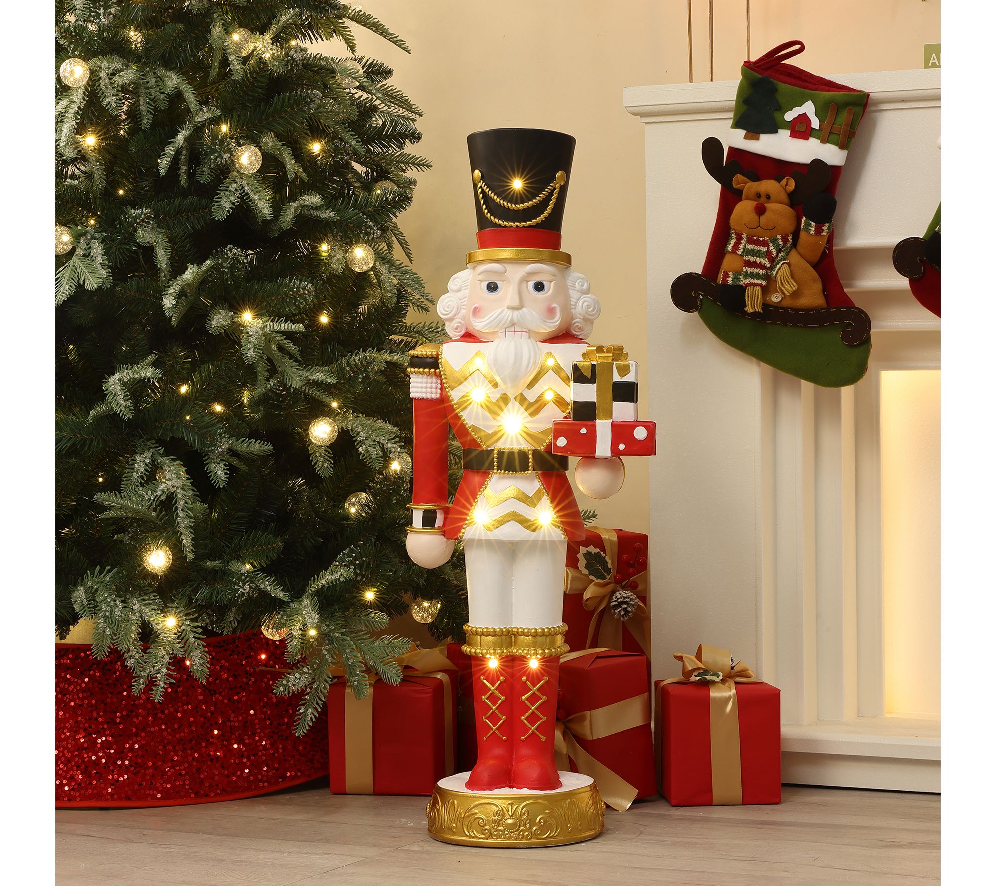 LuxenHome 3ft Lighted Red Nutcracker Soldier with Presents - QVC.com