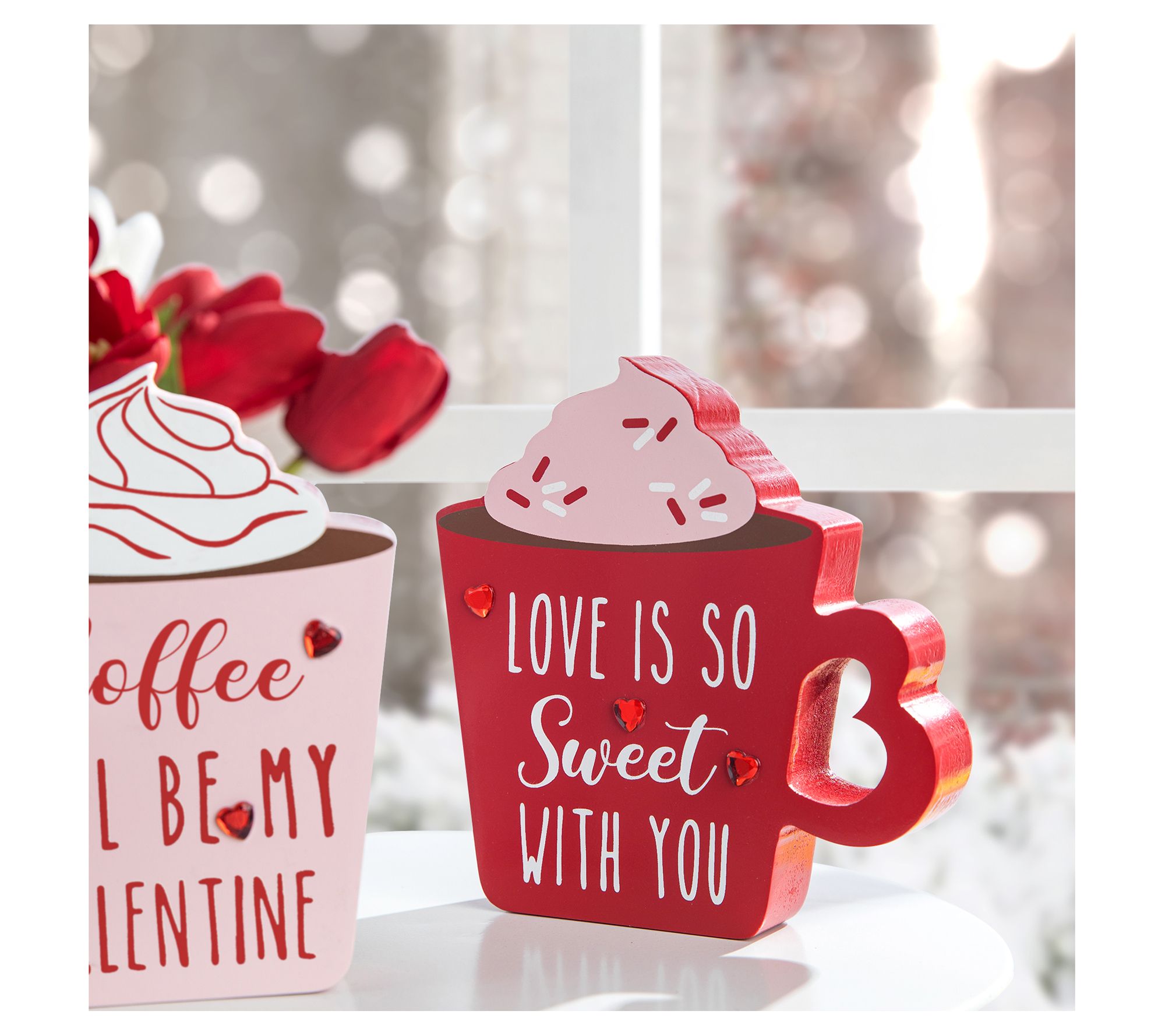 Glitzhome S/2 Wooden Valentine's Coffee Cup Table Decor - QVC.com