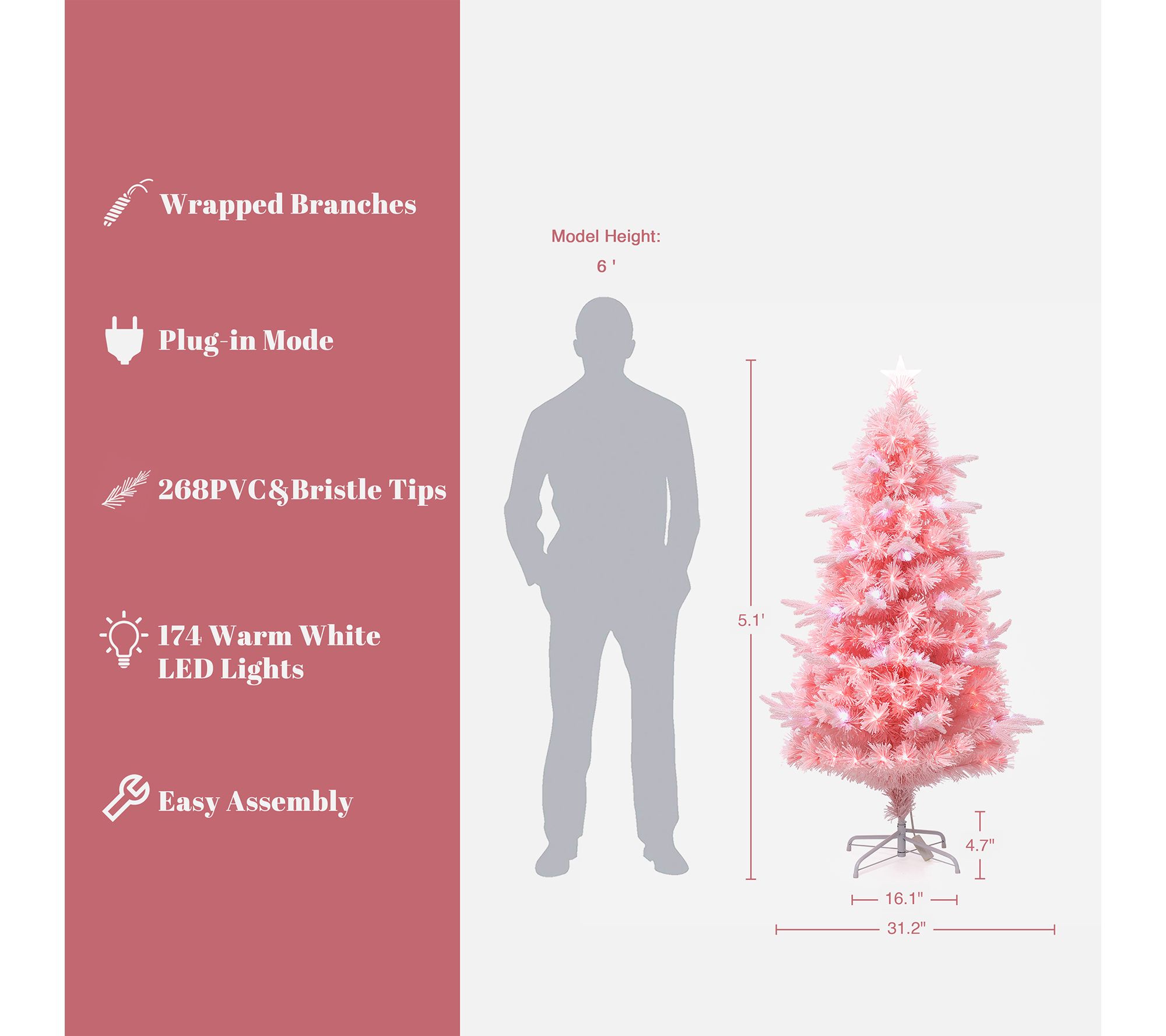 LuxenHome 5ft Fiber Optic Pink Xmas Tree w/ Cones & Star Top - QVC.com