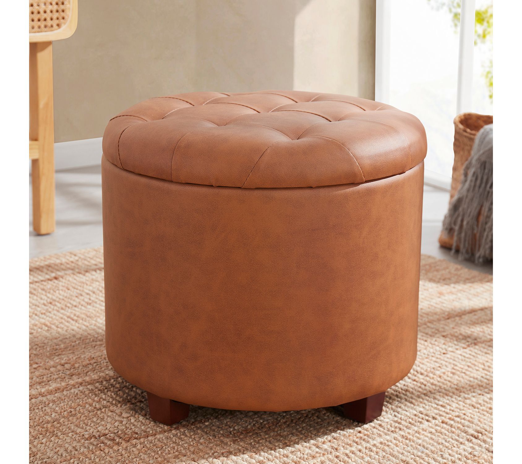 Ornavo Round Faux Leather Storage Ottoman withTufted Lid Cognac