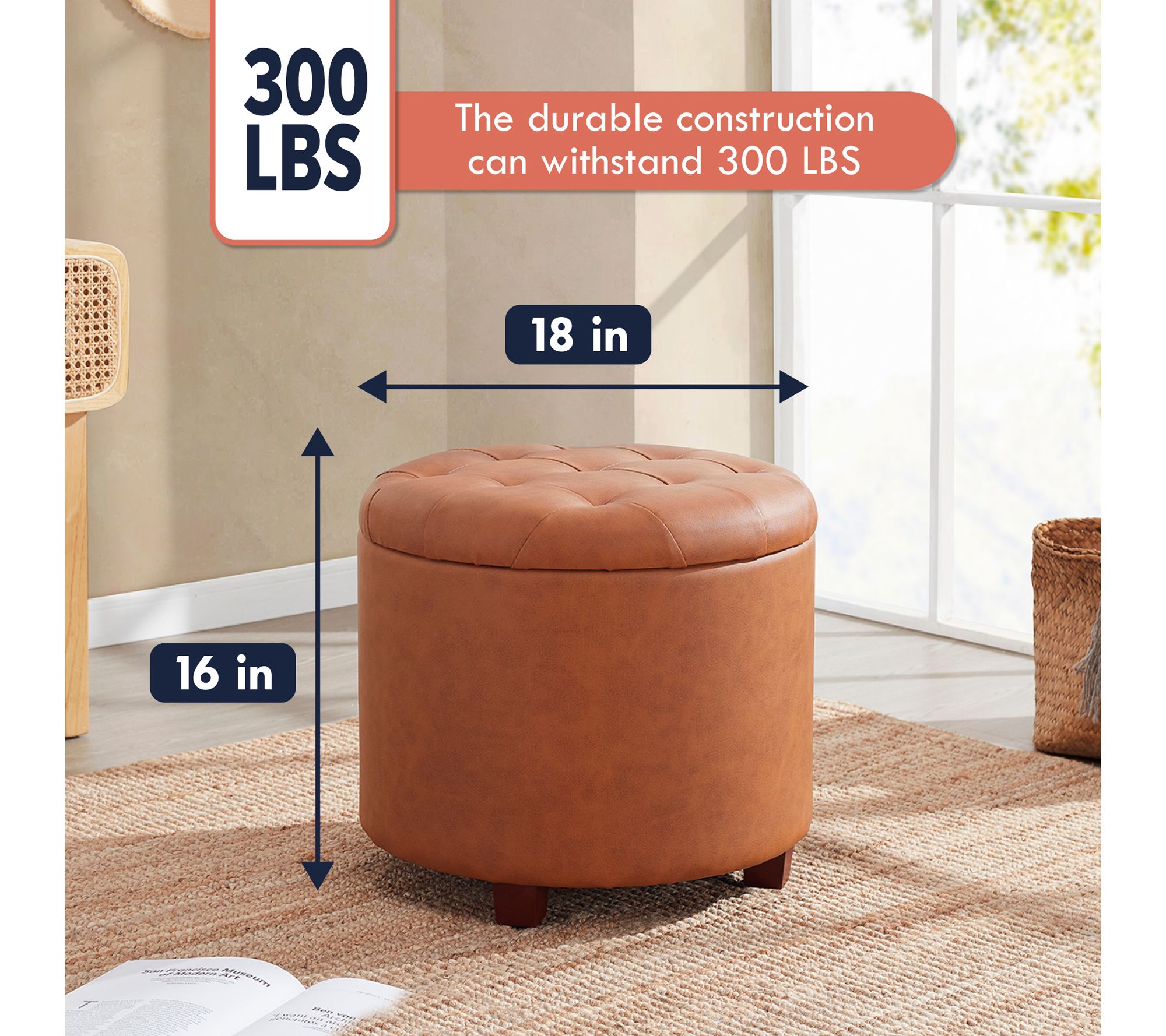 Ornavo Round Faux Leather Storage Ottoman withTufted Lid - QVC.com
