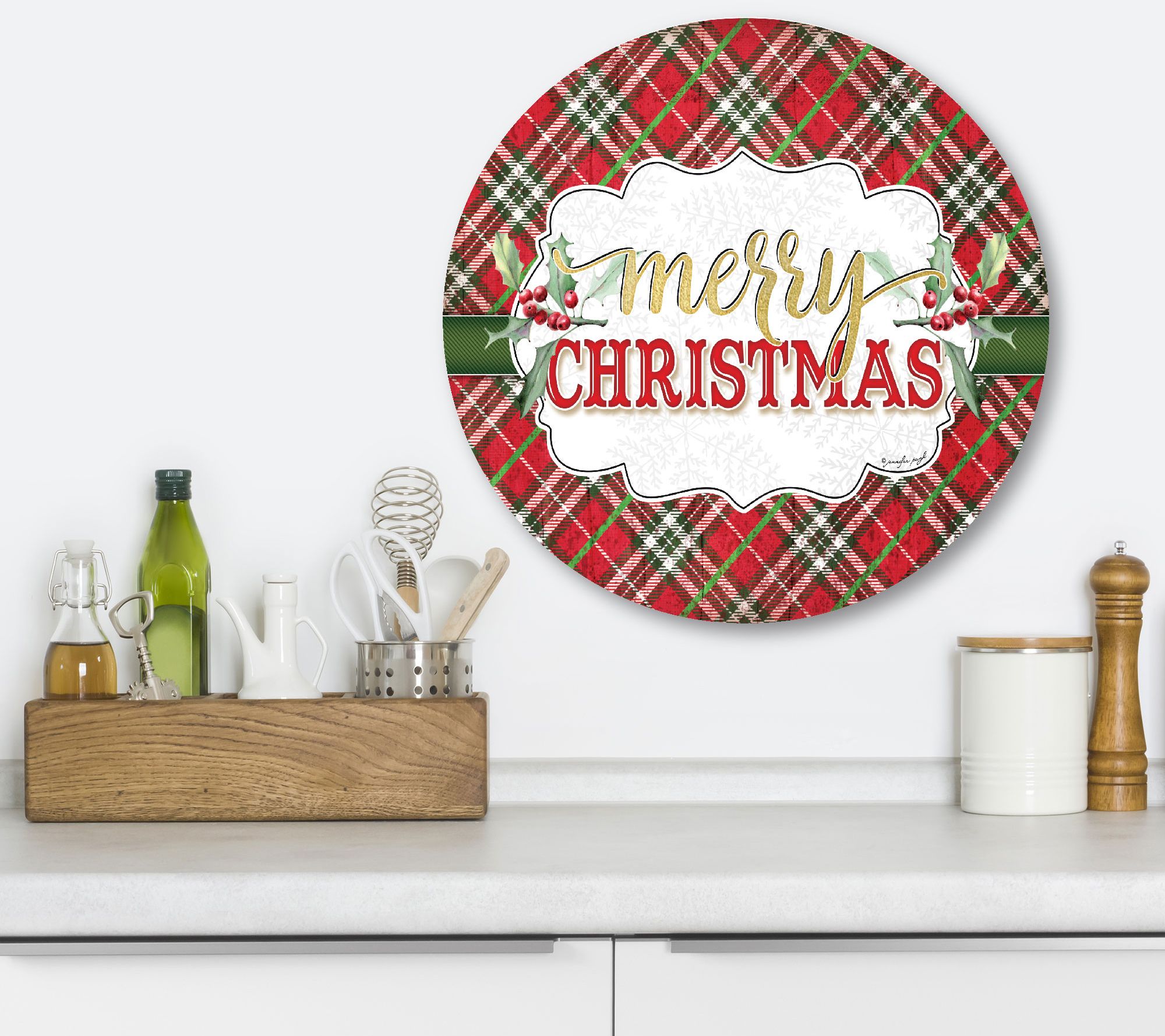 Courtside Market Merry Christmas Plaid II 12x12 Circular Wood - QVC.com