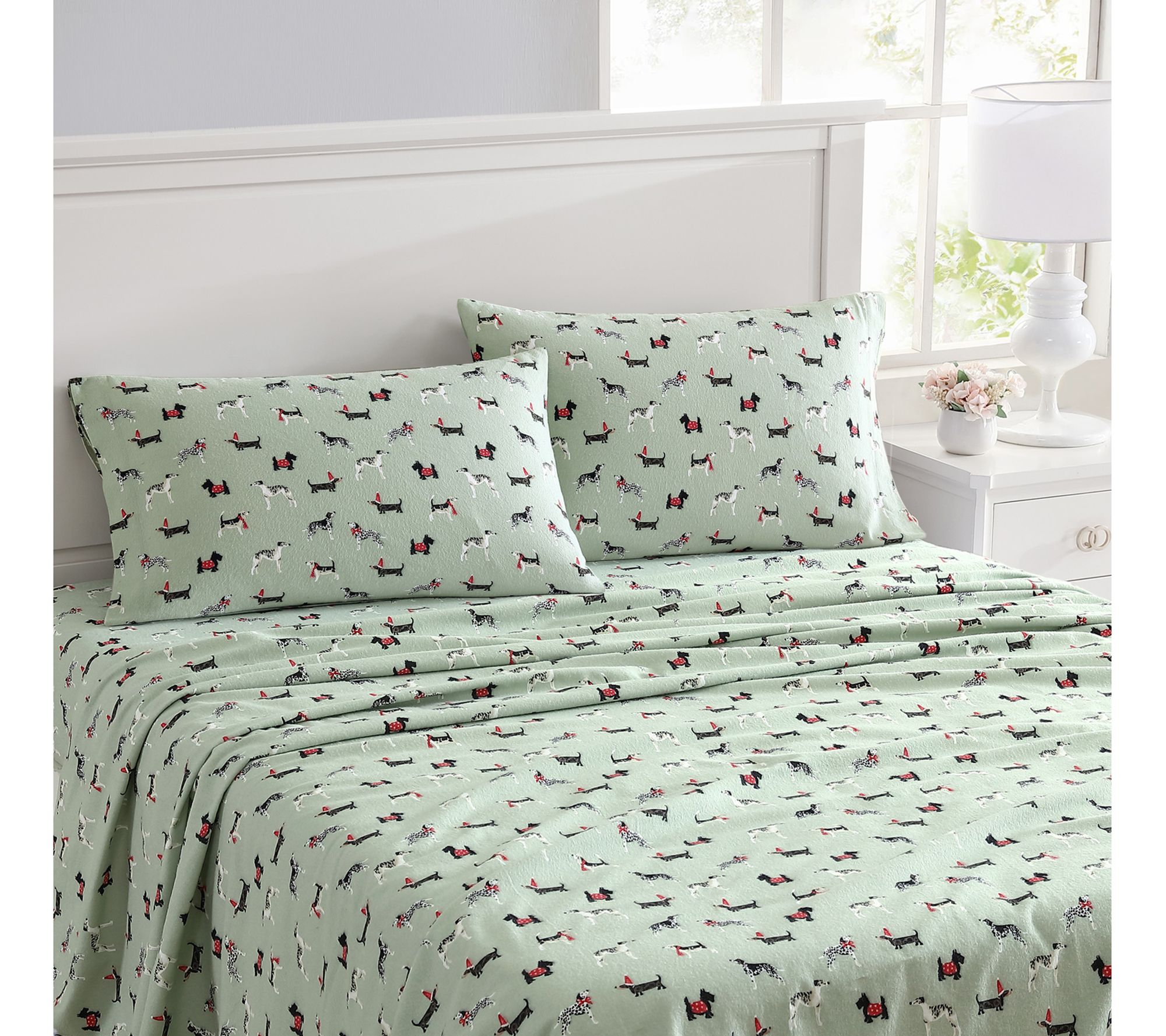 Laura Ashley Holiday Pups Queen Flannel Sheet Set - QVC.com