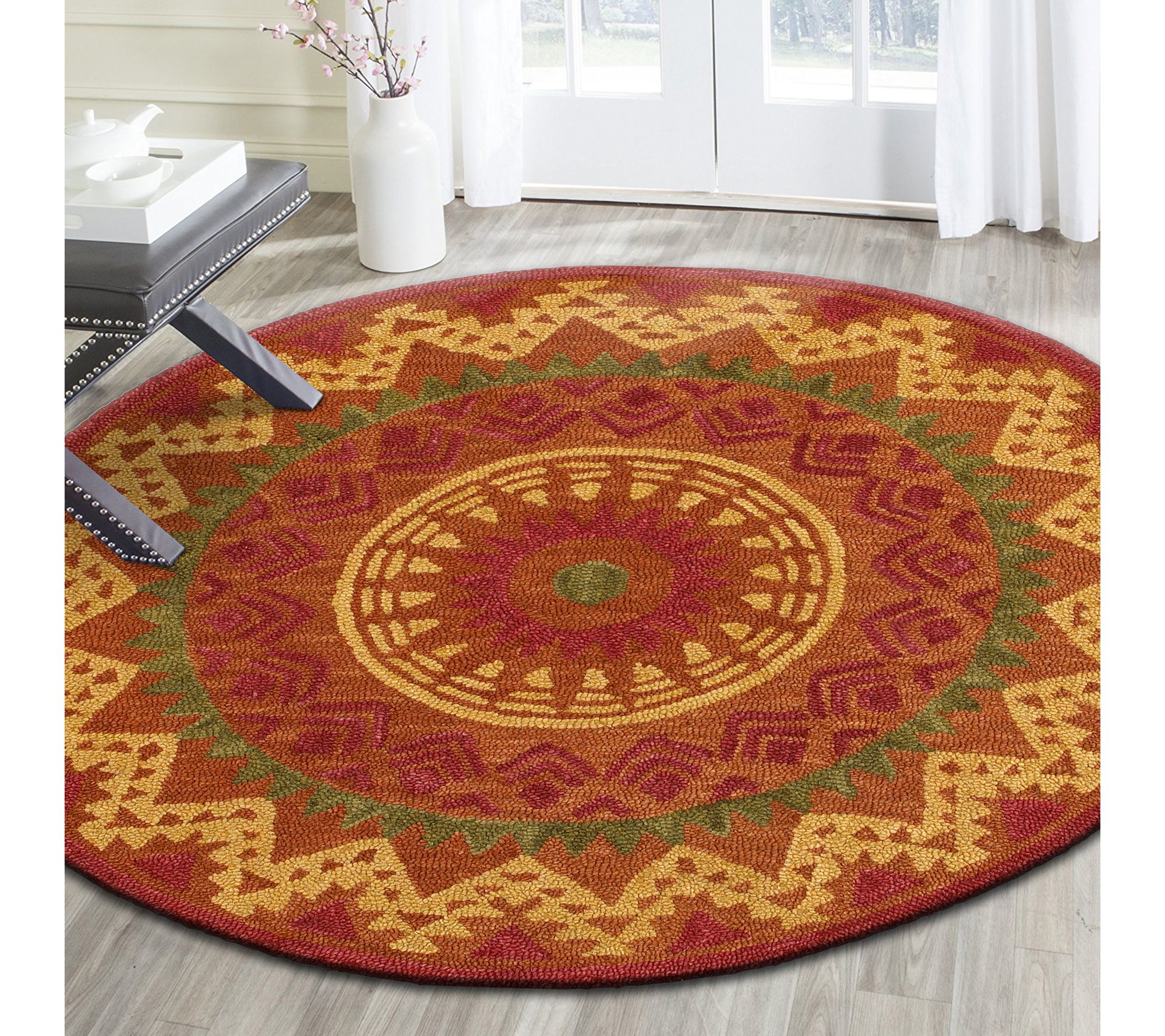 Ox Bay Orange Geometric Medallion Wool Indoor 4' Round Rug - QVC.com