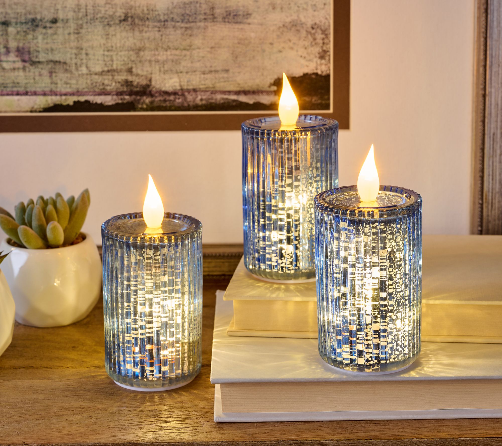 Set Of 3 4 Twinkling Mercury Glass Ribbed Candles By Valerie