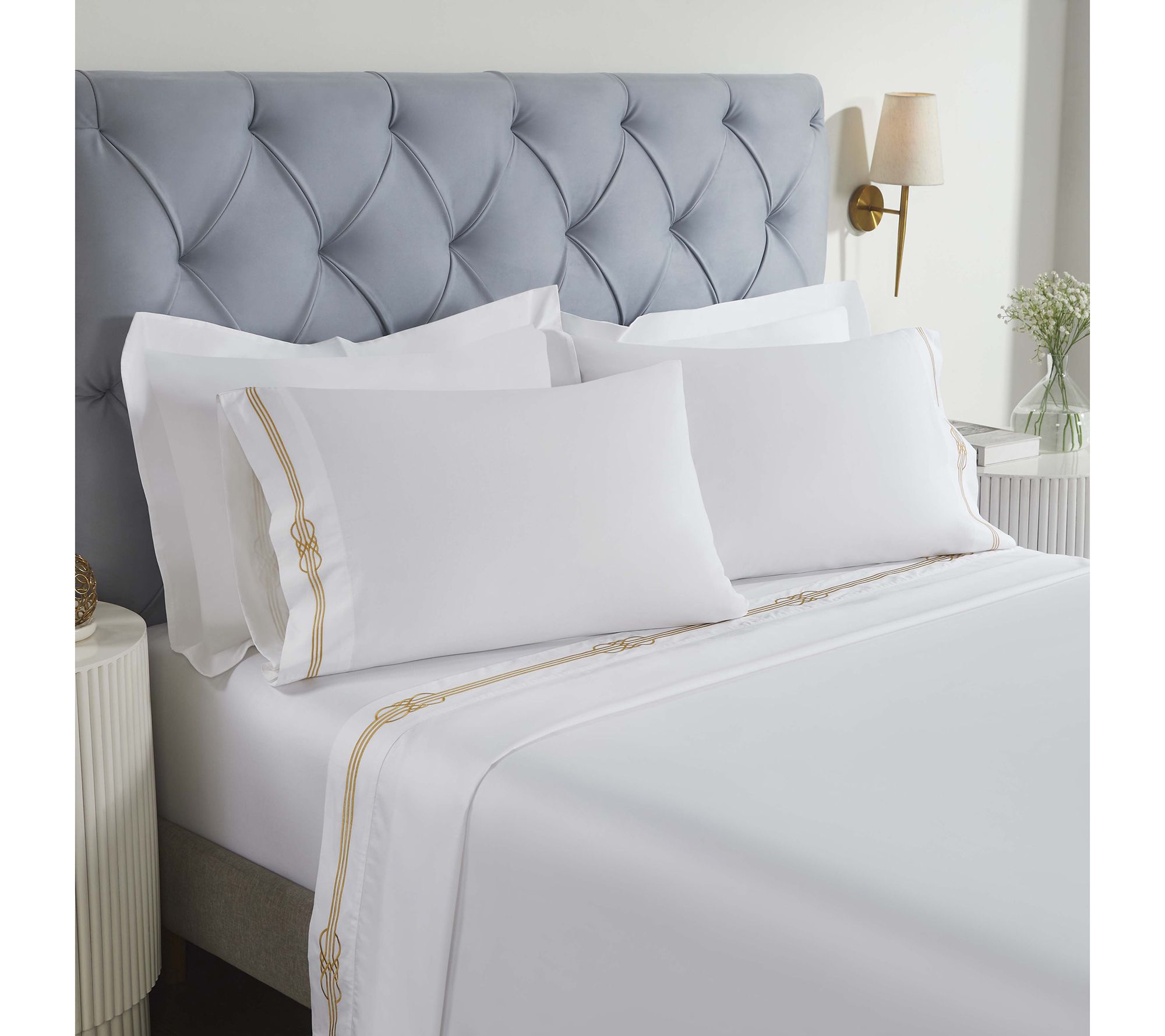 Superior Moonlawn Cotton Gold Embroidered SheetSet, Queen - QVC.com