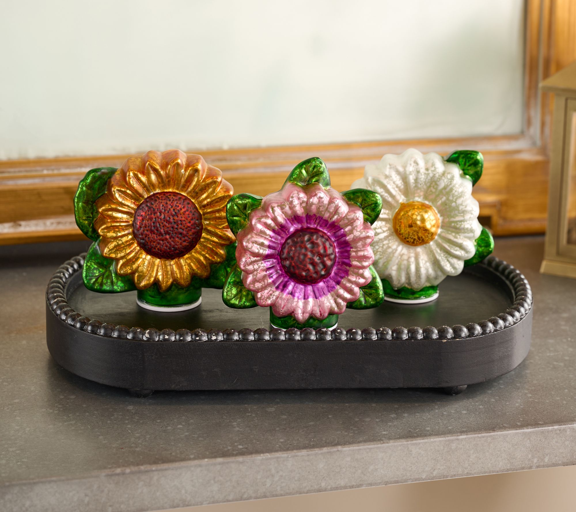 Set of 3 Illuminated Mercury Glass Flowers by Valerie - QVC.com