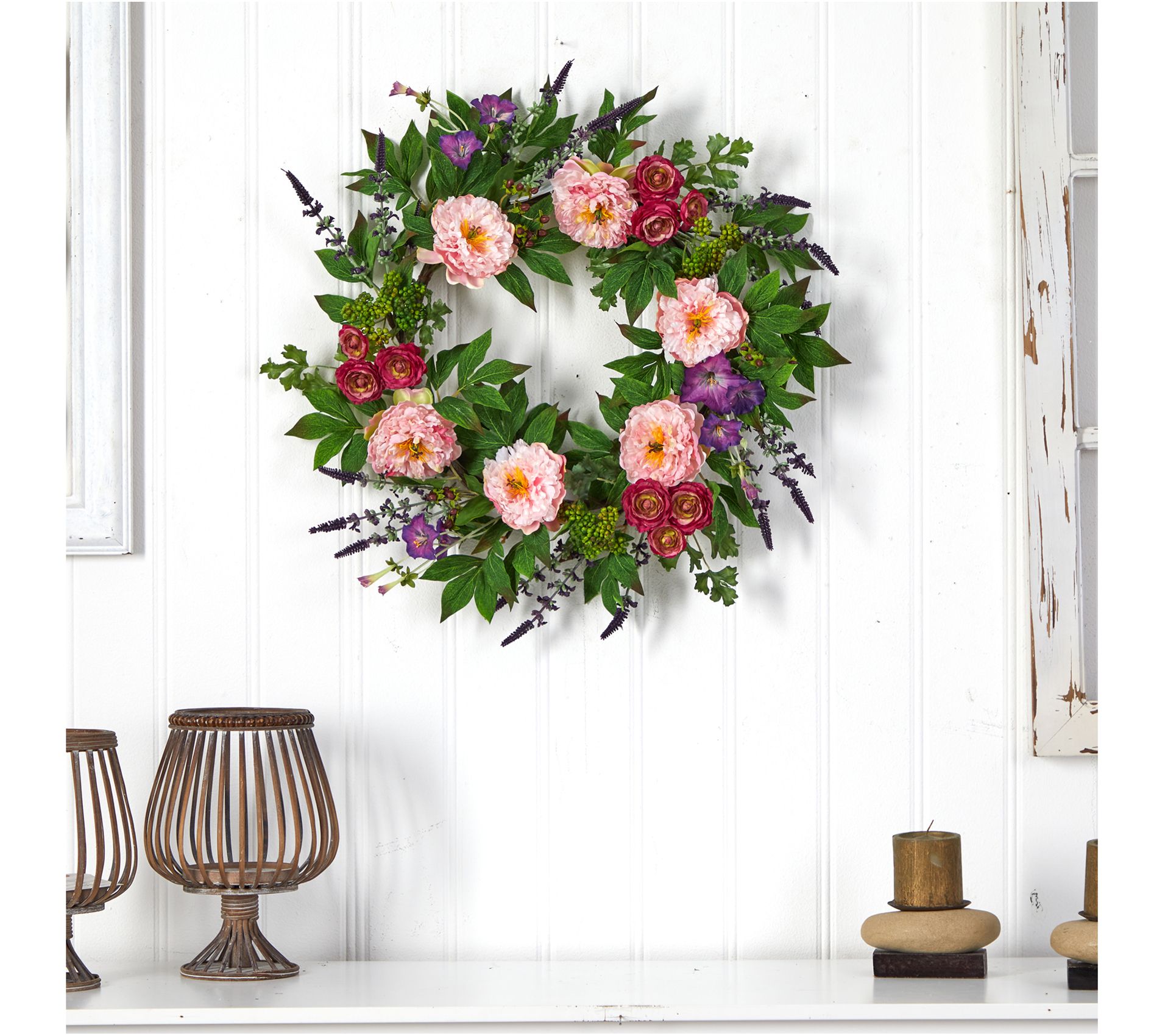 Nearly Natural 22" Assorted Peony Faux Wreath - QVC.com