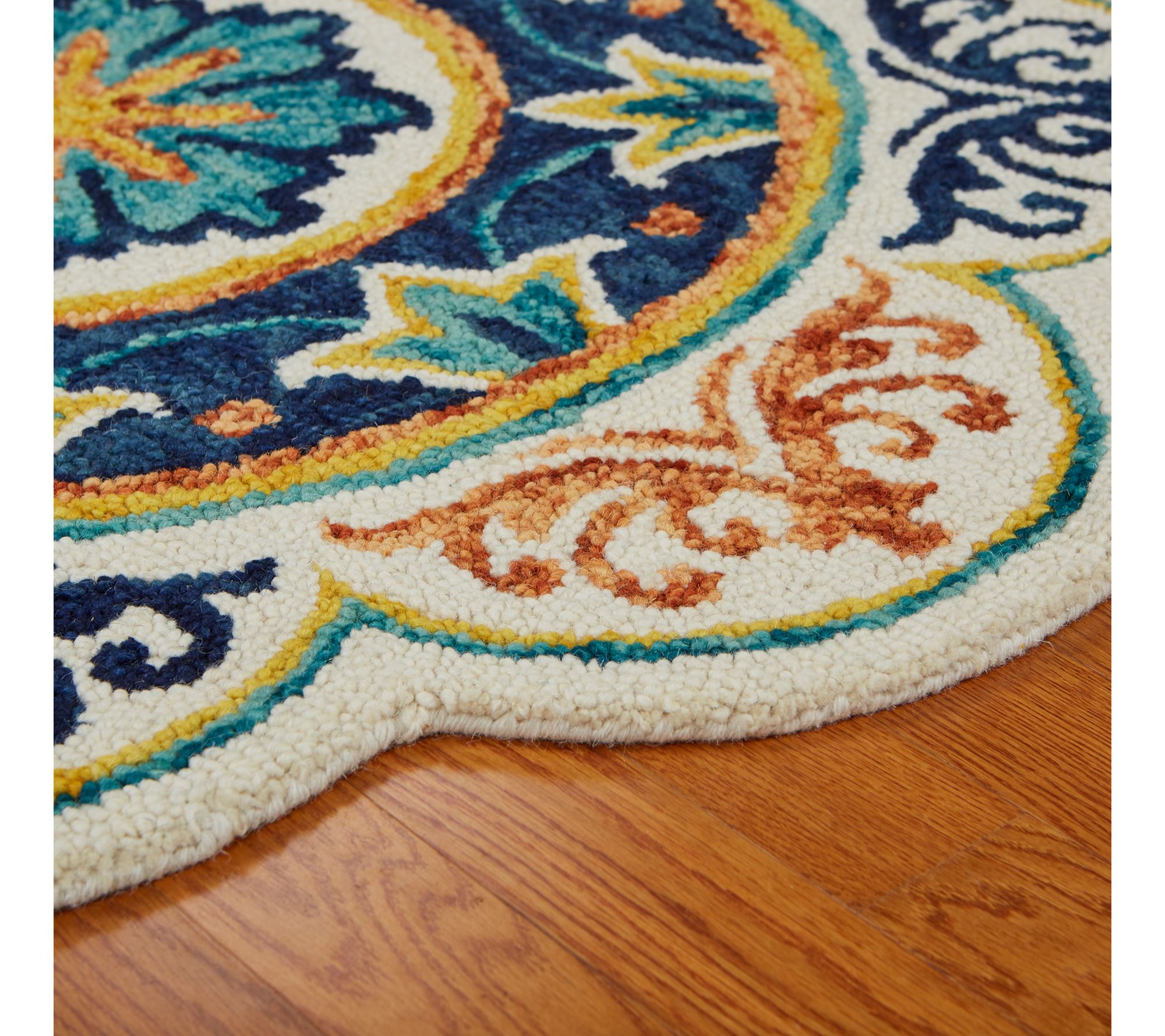 Ox Bay Maya Blue Floral Medallion Wool Indoor 4' Round Rug - QVC.com