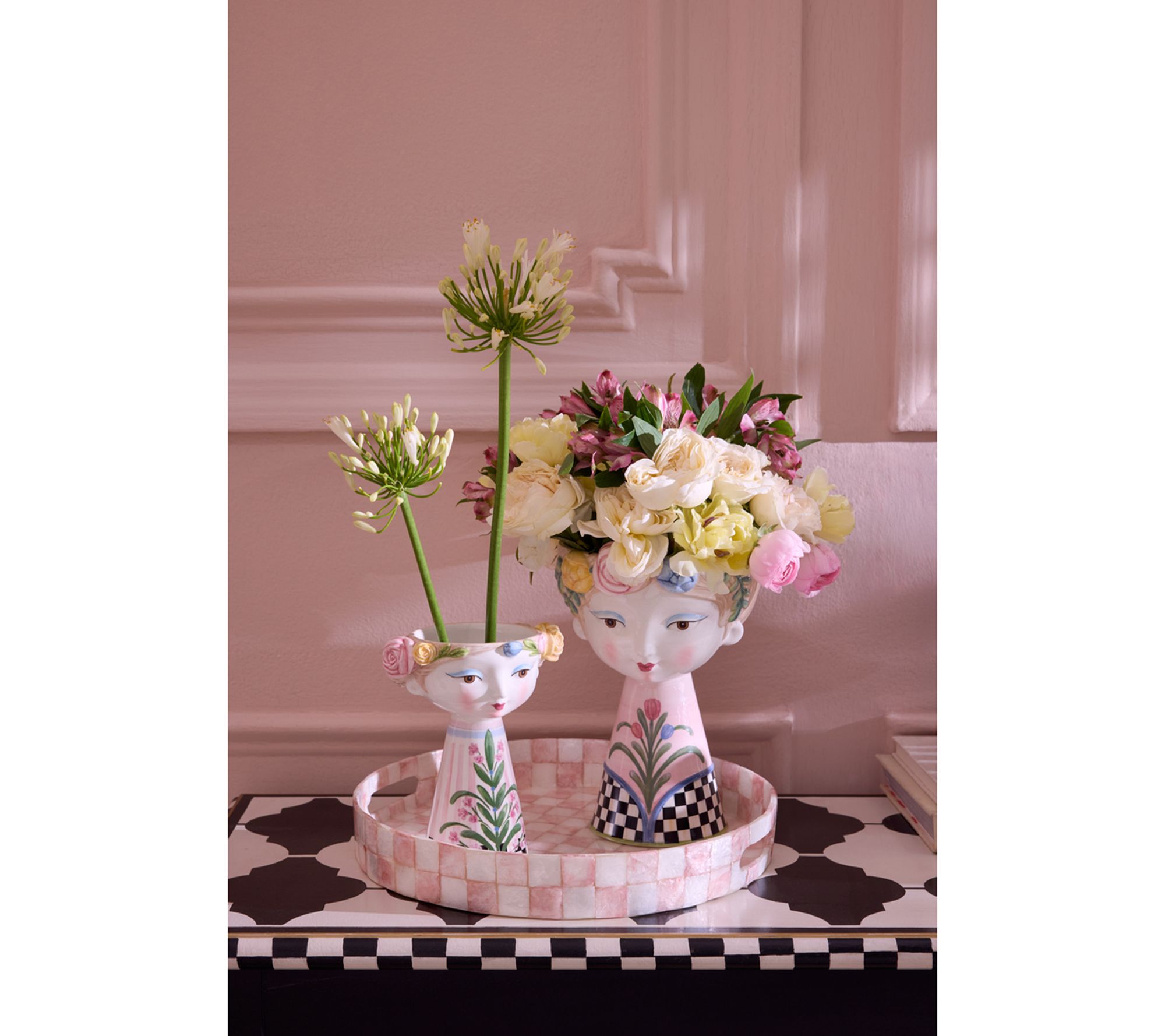 MacKenzie-Childs Rosy Check Capiz Round Tray - QVC.com