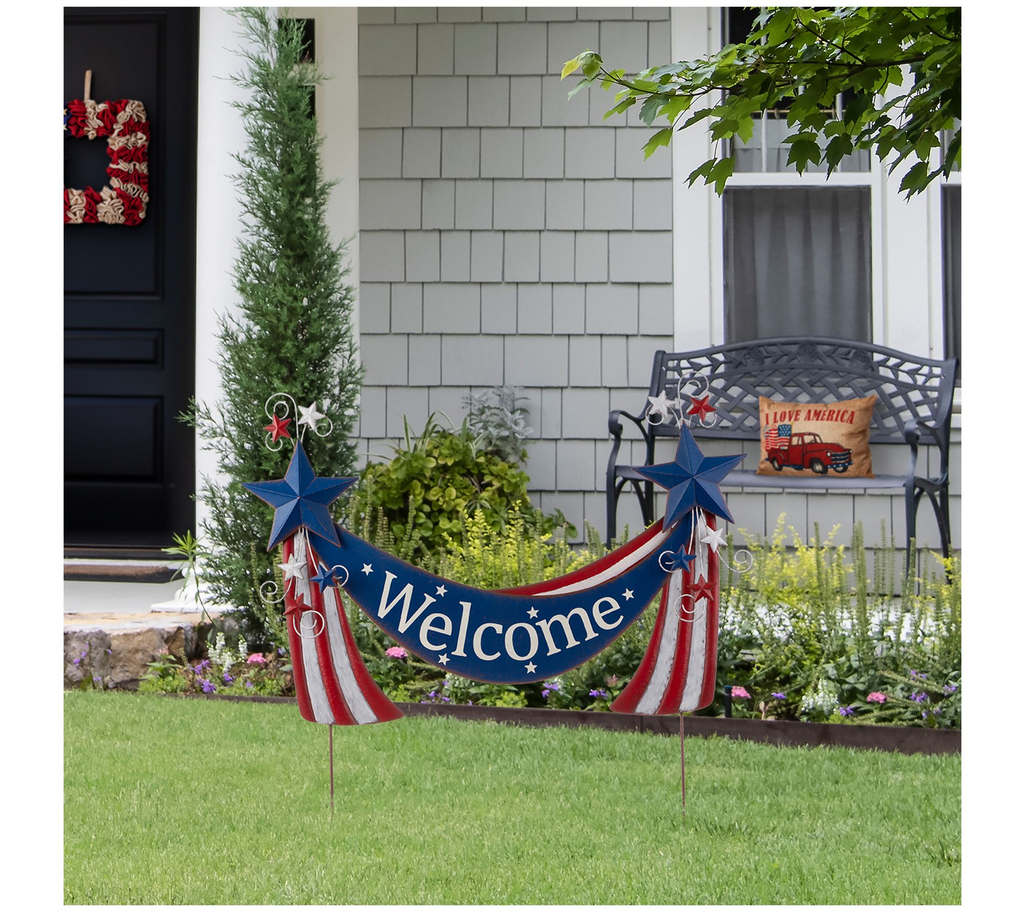 Glitzhome Red White And Blue WELCOME Banner Yard Stake - QVC.com