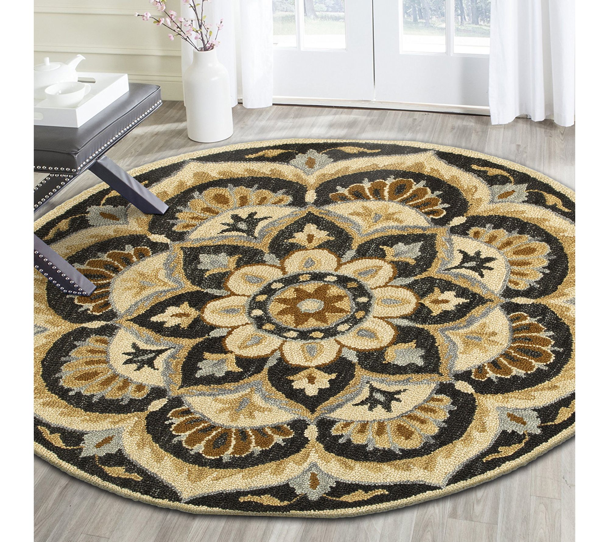 Ox Bay Molly Black Floral Medallion Wool Indoor4' Round Rug - QVC.com
