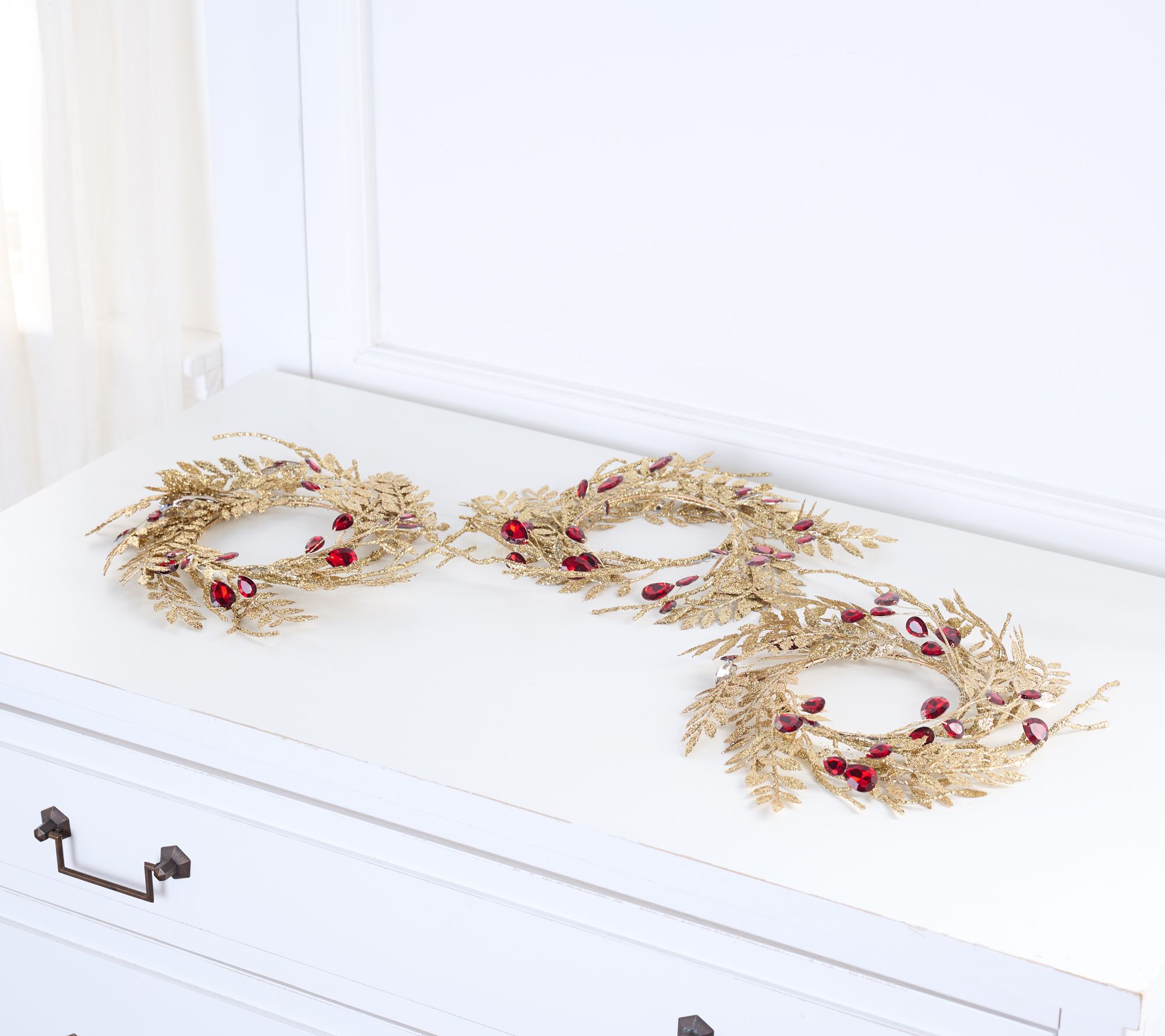 Set of 3 Glittered Leaf & Faceted Gem Candle Rings by Valerie - QVC.com