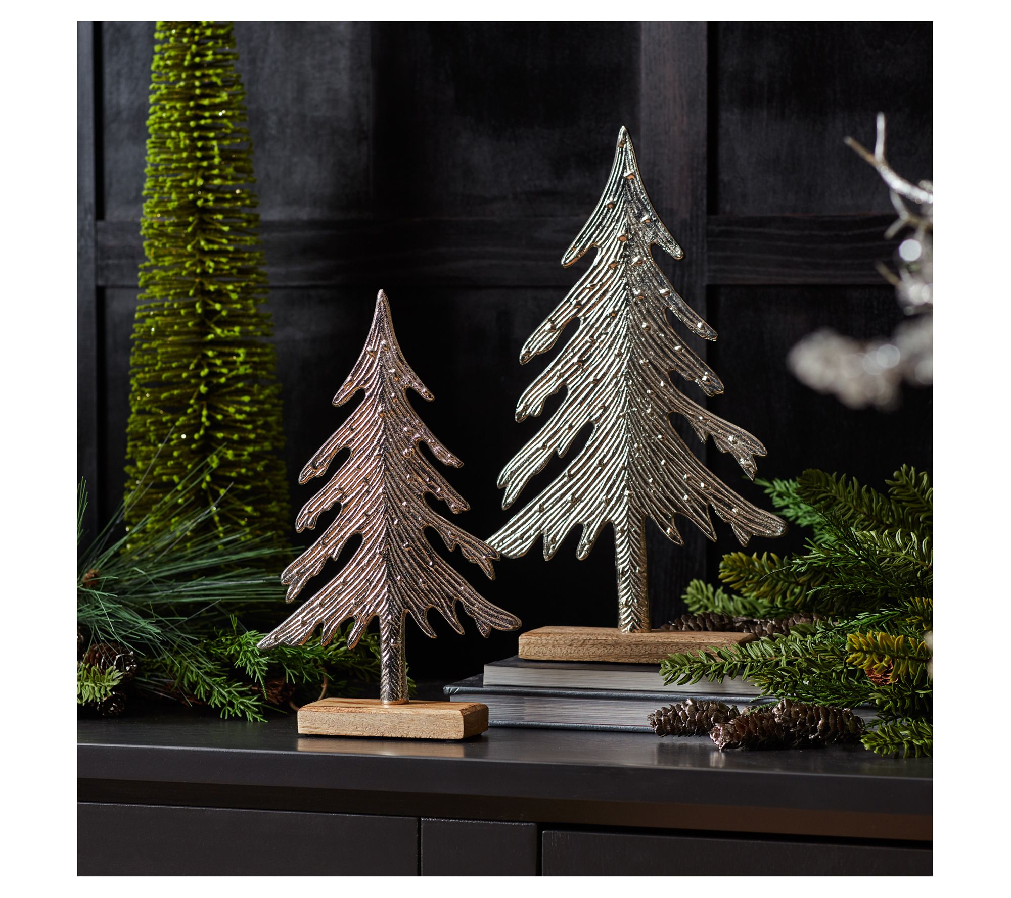 Melrose Metal P ine Tree on Man go Wood Base (S et of 3) - QVC.com