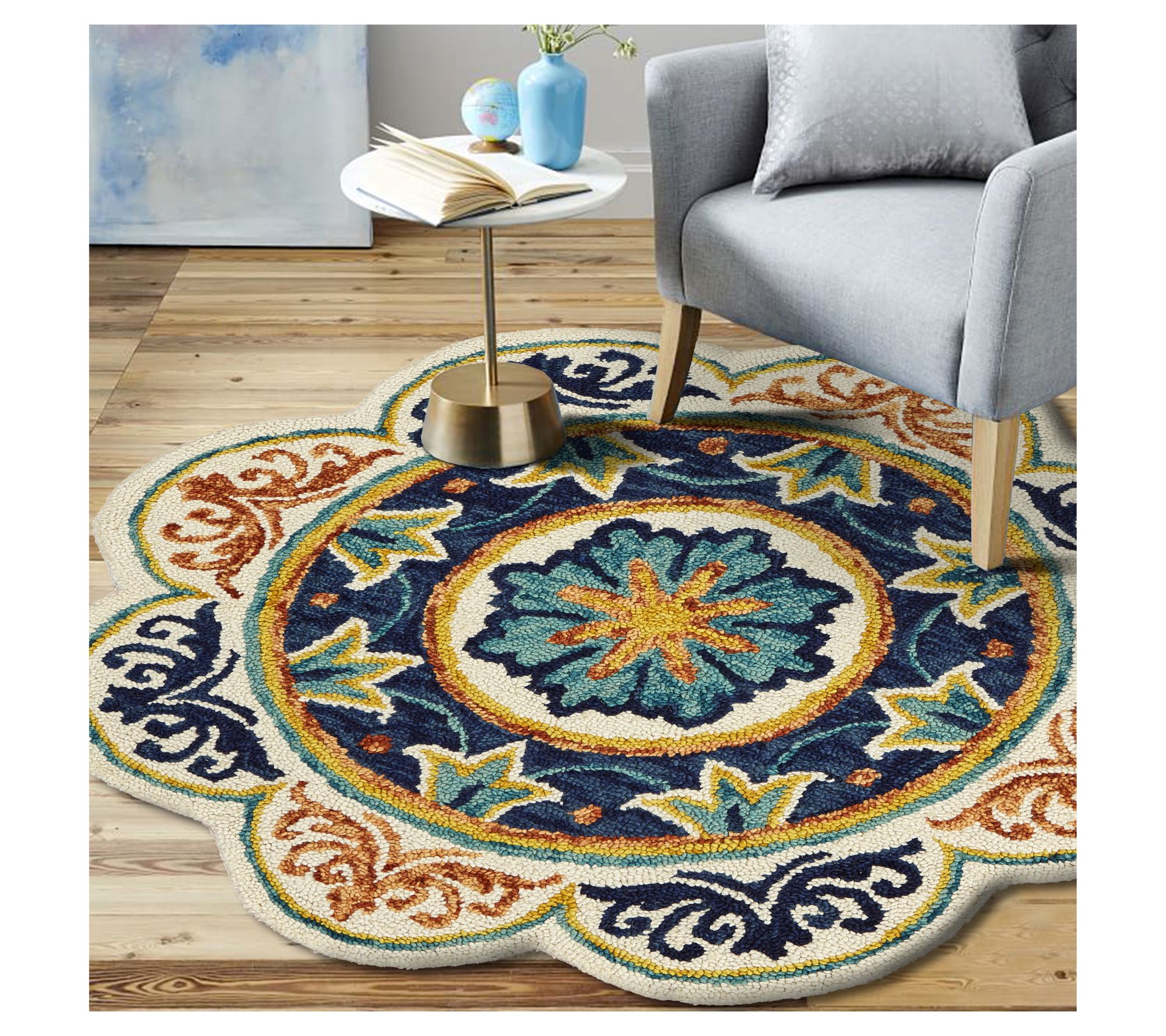Ox Bay Maya Blue Floral Medallion Wool Indoor 6' Round Rug - QVC.com